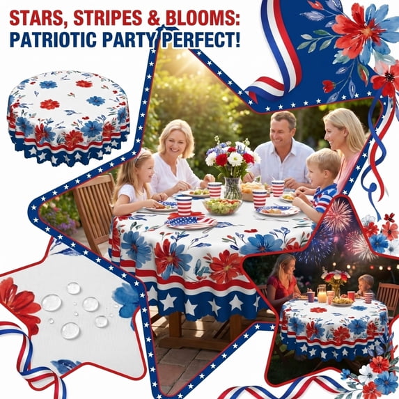 4Th of July Home Party Supply, 60 Inch Round Patriotic Tablecloth, Red ...