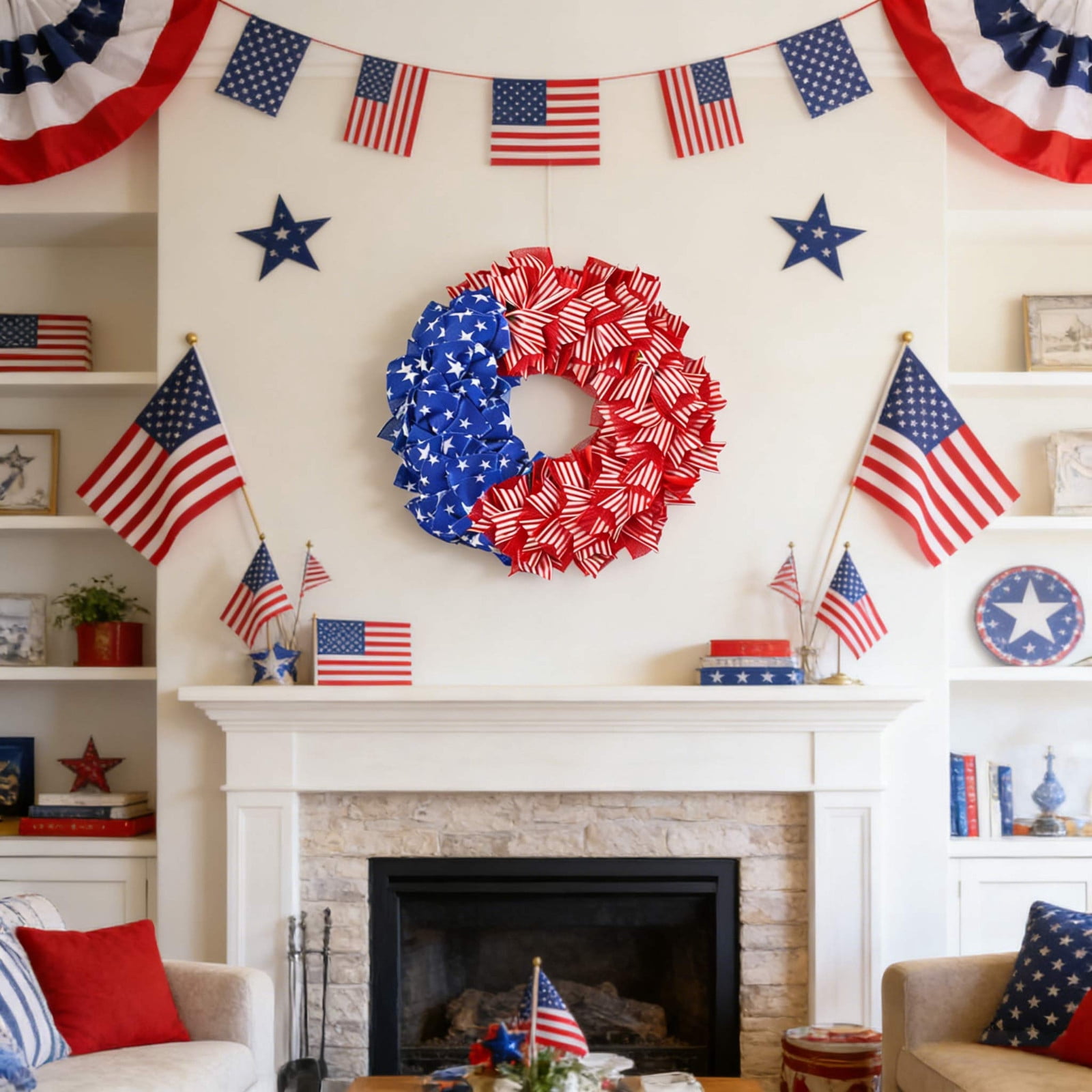 4Th of July Star Stripe Fabric Wreath, Cloth Strip Patriotic Garland ...