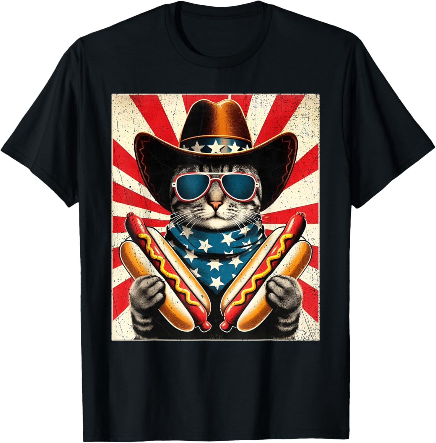 4Th Of July Hotdog Cat Funny Patriotic Cowboy Cat Usa Flag T-Shirt ...