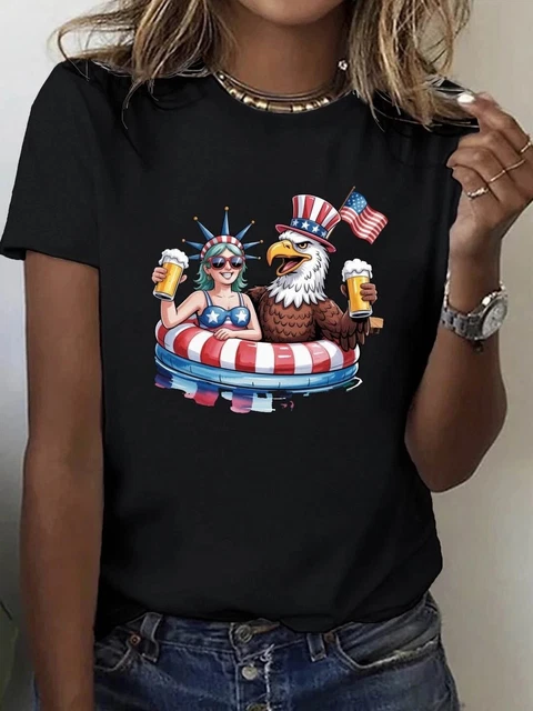 4Th Of July Lady Liberty Bald Eagle Pool Float T-Shirt S-5XL Birthday ...