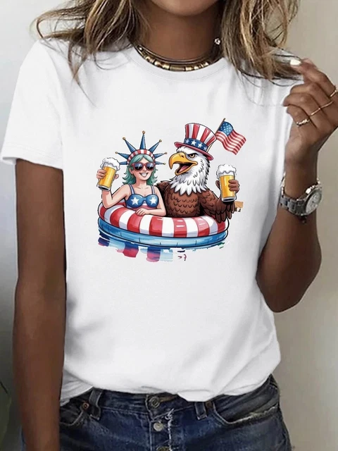 4Th Of July Lady Liberty Bald Eagle Pool Float T-Shirt White S-5XL ...