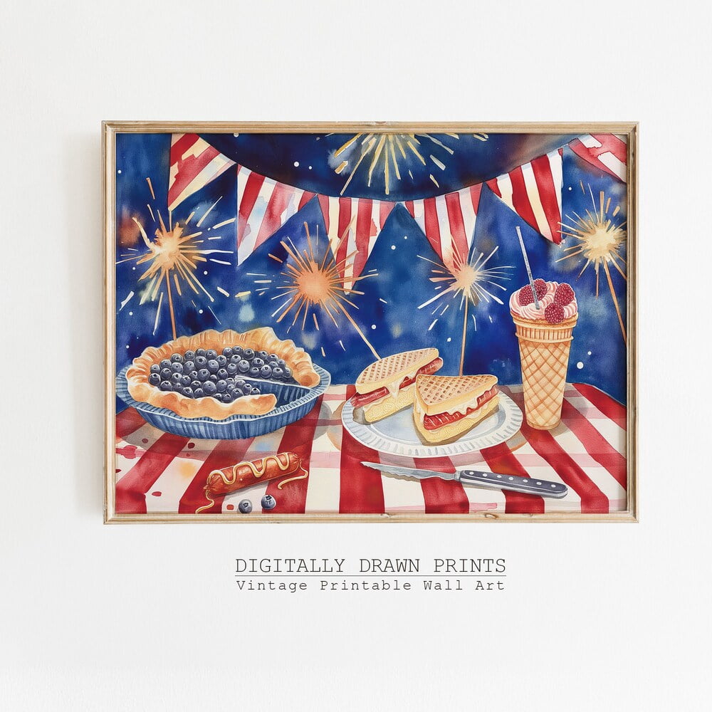 4Th Of July Picnic Watercolor Style Art Print Patriotic Fireworks Wall ...