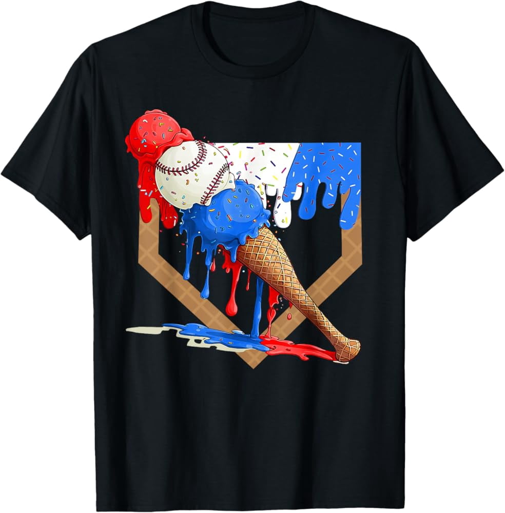 4Th Of July Red White And Blue Baseball Ice Cream Drip Boys T-Shirt ...