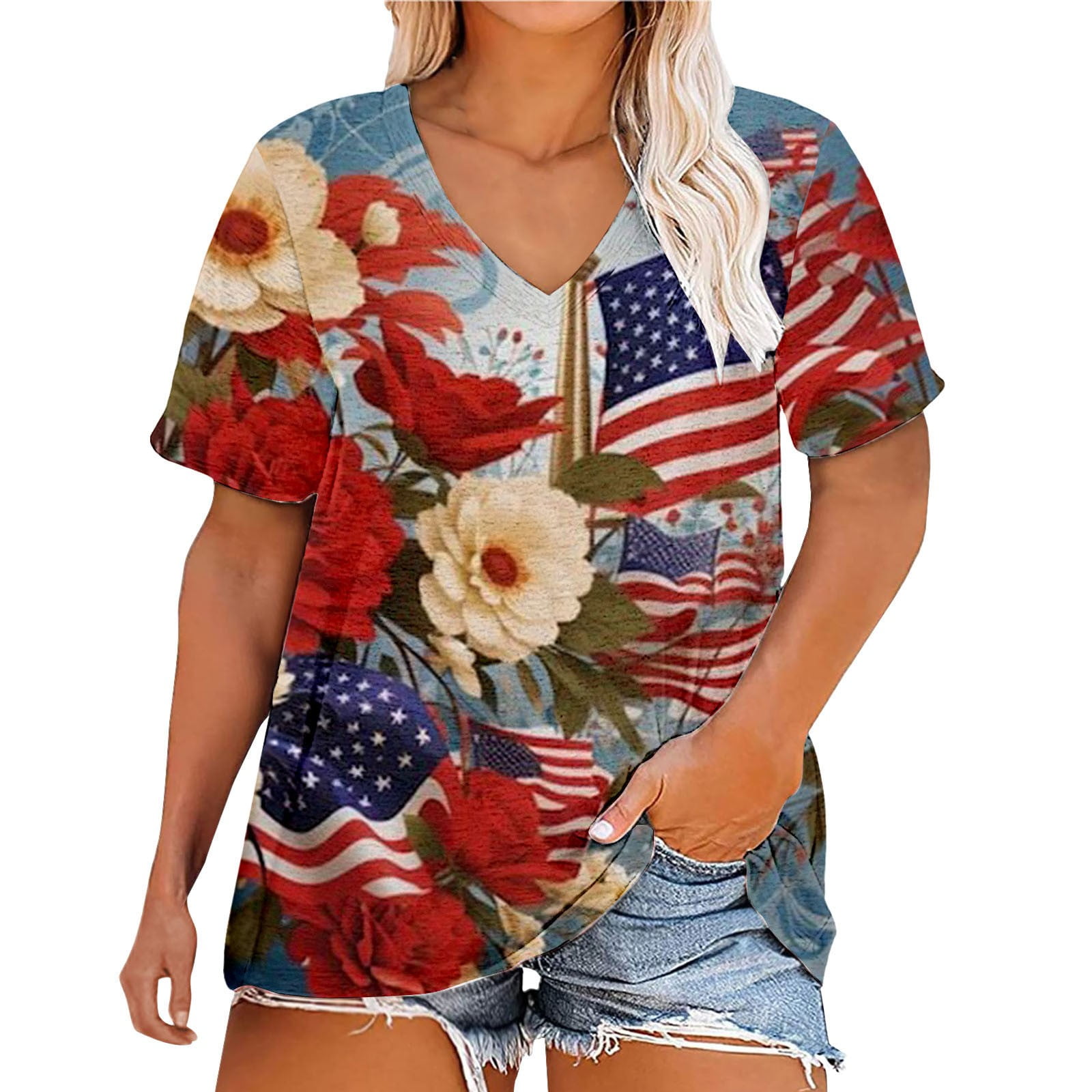 4Th Of July Shirts Women Patriotic Stripes Flag Print Plus Size Tee ...