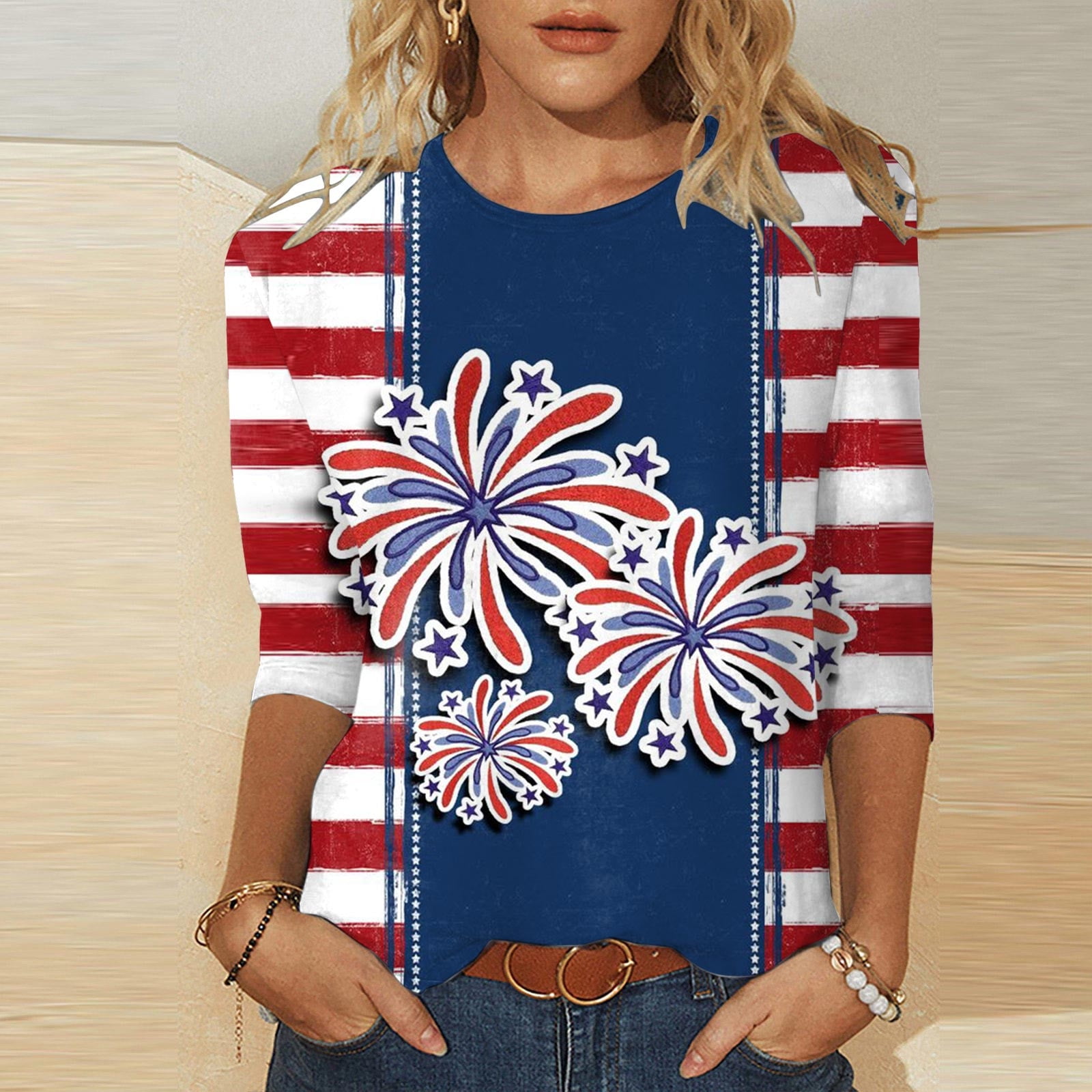 4th of July Shirts Women Summer 3/4 Sleeve Crew Neck T Shirts,Womens ...