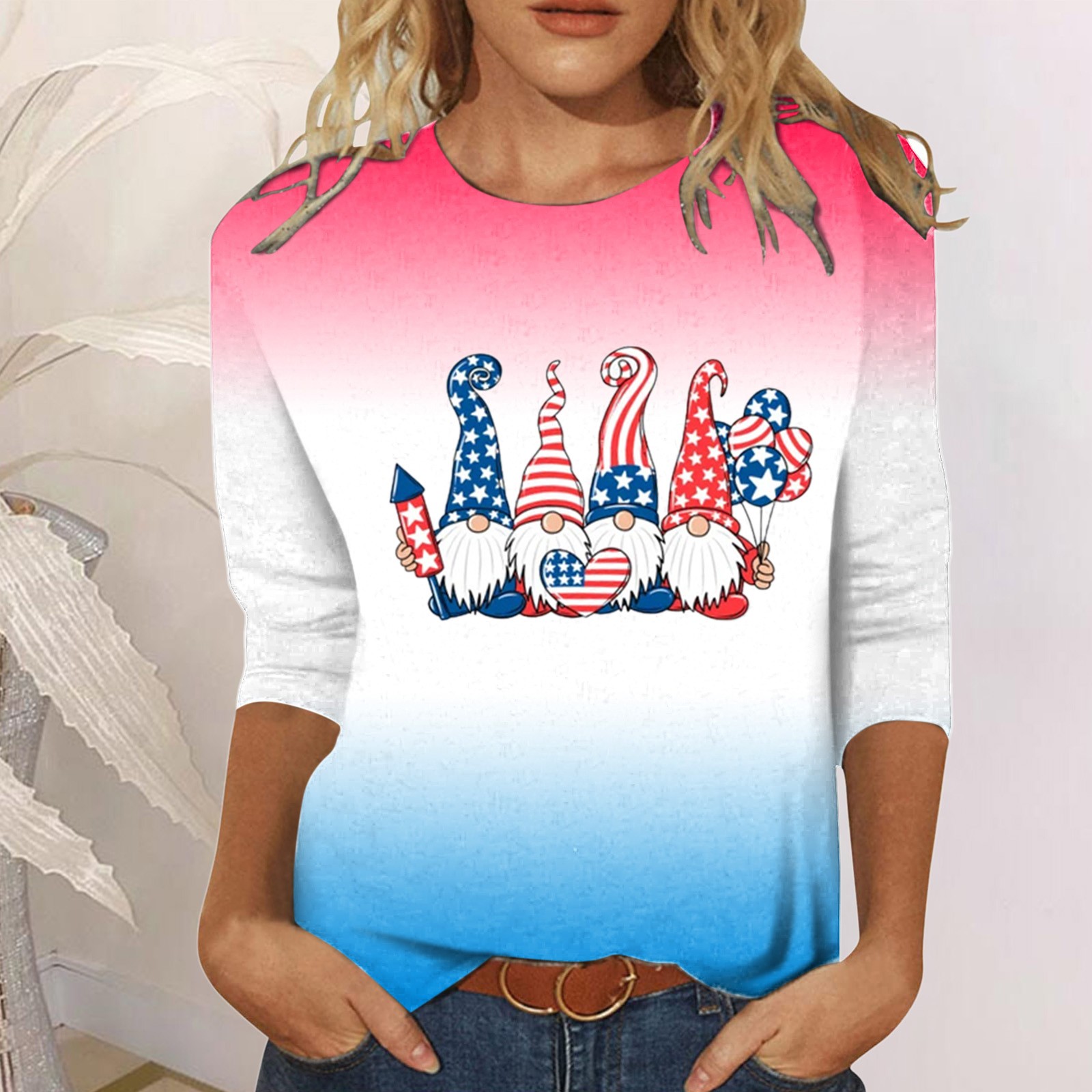 4th of July Shirts Women Summer 3/4 Sleeve Round Neckline T Shirts ...