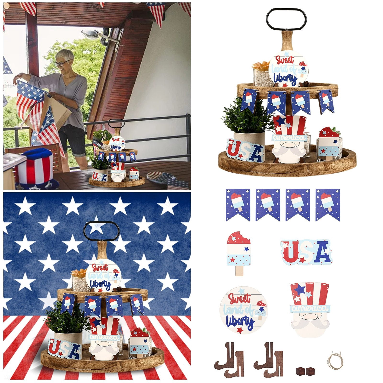 4Th Of July Tiered Tray Decor Set Independence Day Patriotic Wooden ...