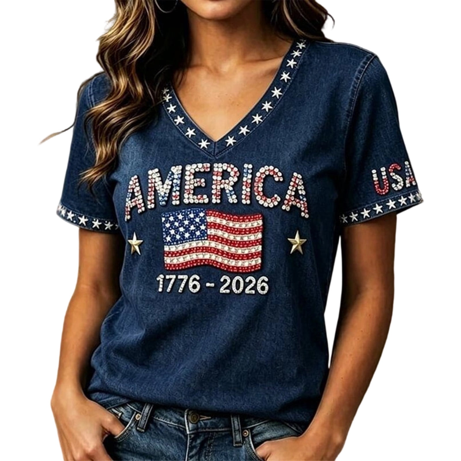 4Th of July Clothes for Women Casual Independence Day Printed V Neck ...