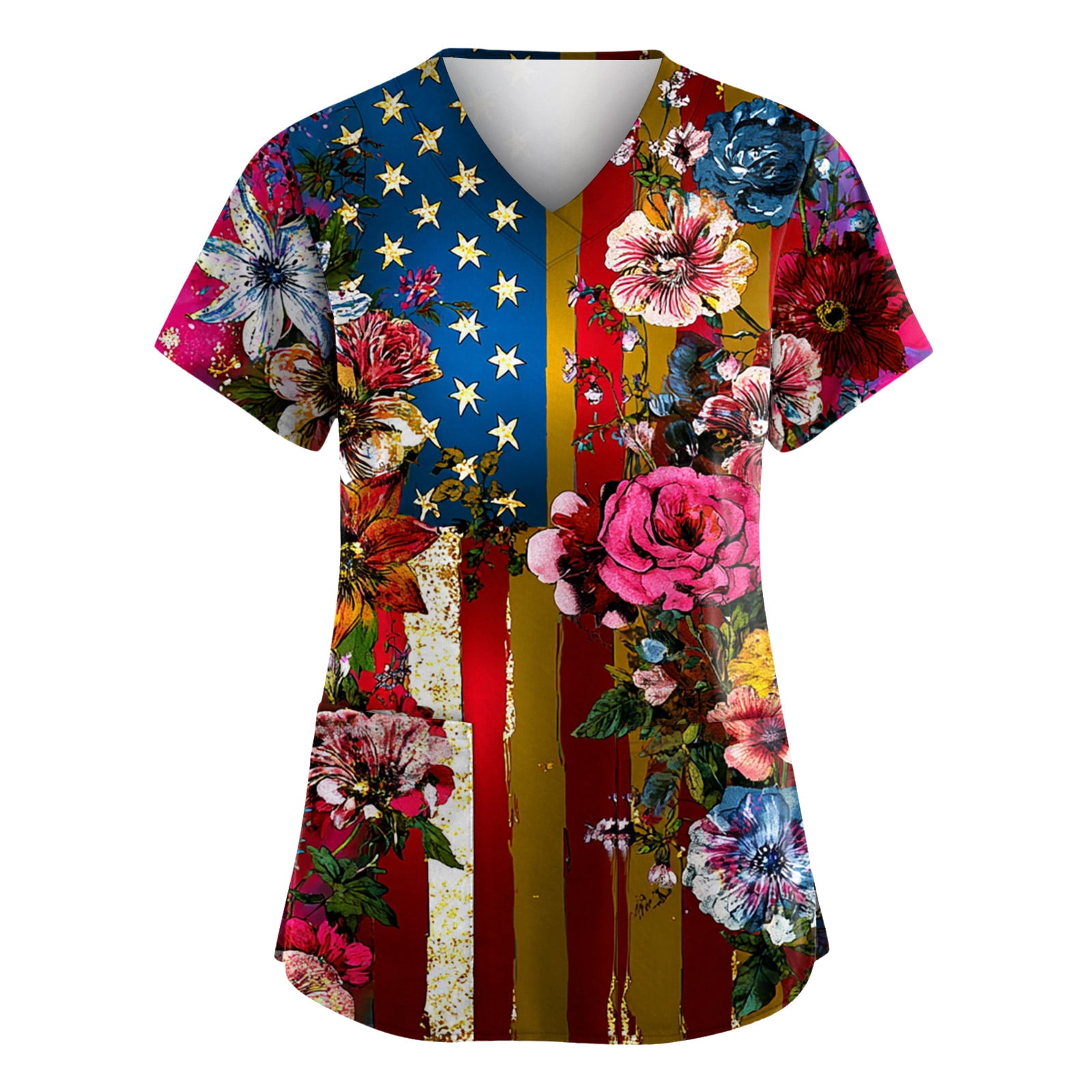 4Th of July Scrub Tops Women Print V-Neck Work Shirt Short Sleeve Plus ...