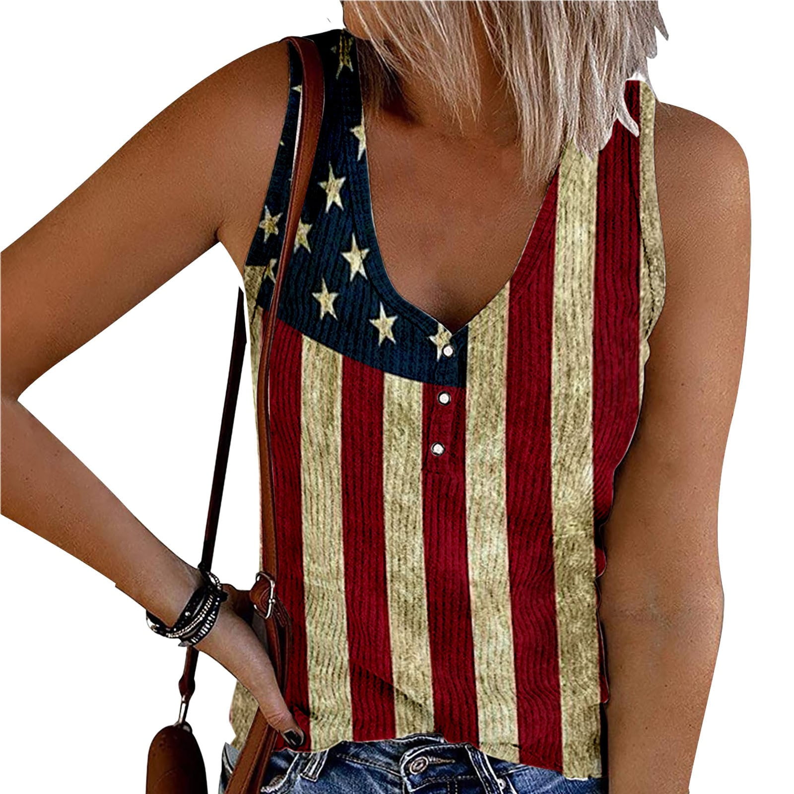 4Th of July Women's American Flag Tank Top - Button V Neck Knit Ribbed ...