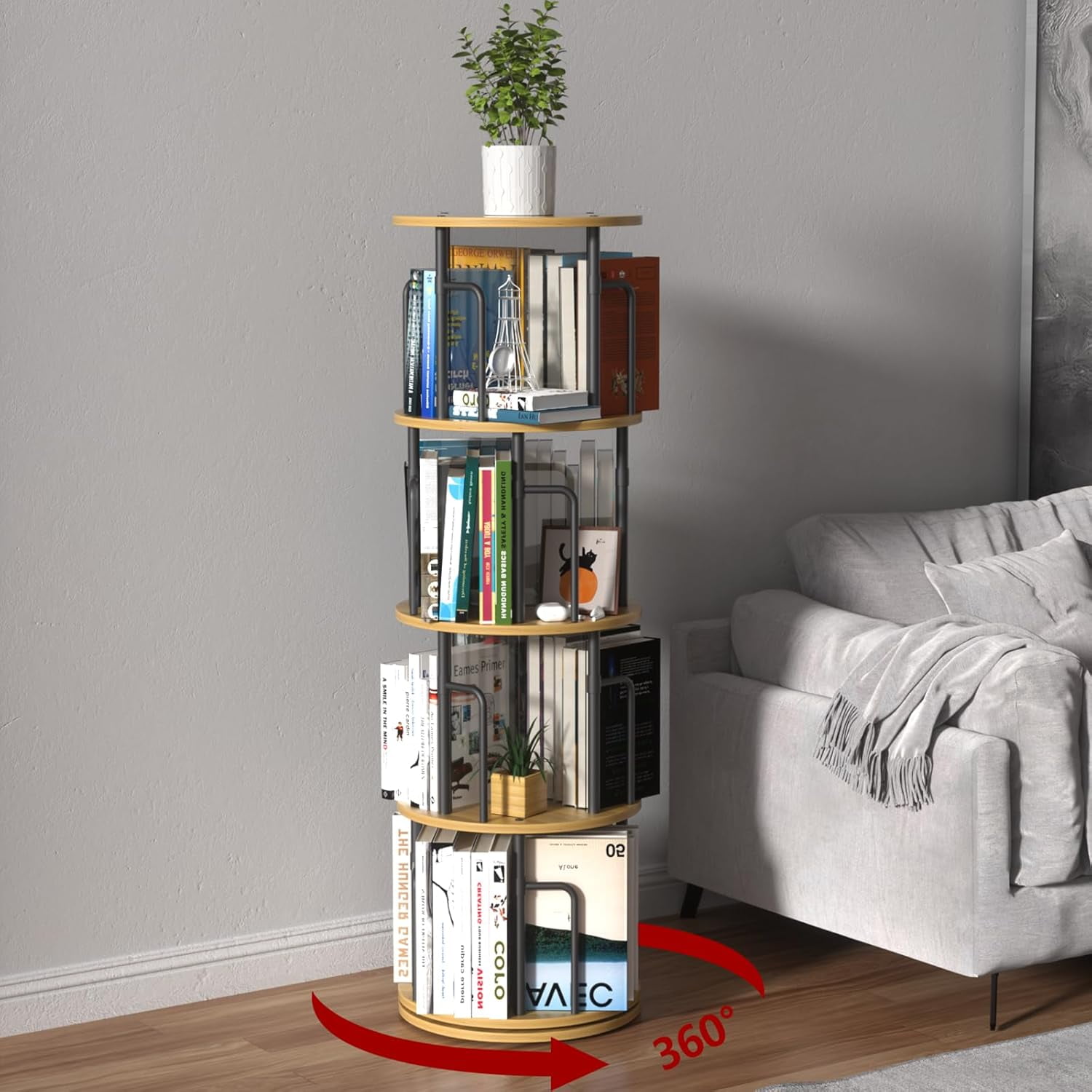 4Tier Rotating Bookshelf,Corner Bookshelf,360° Rotatable Rotating ...