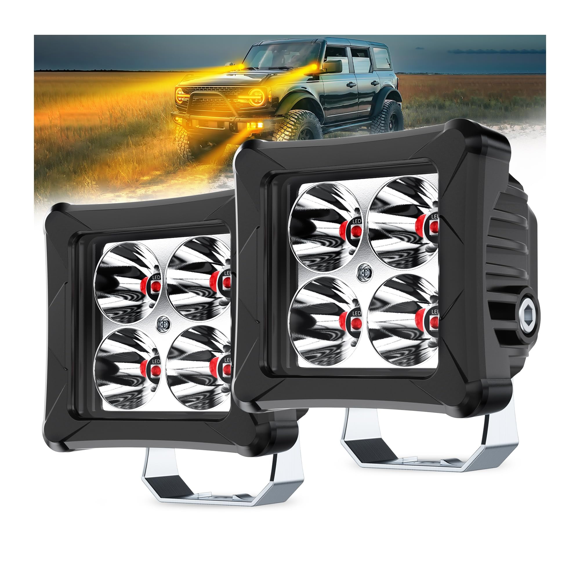 4WDKING 2PCS 3 Inch KEF16 Amber LED Pods Light, 24W 2500LM Square Flood ...