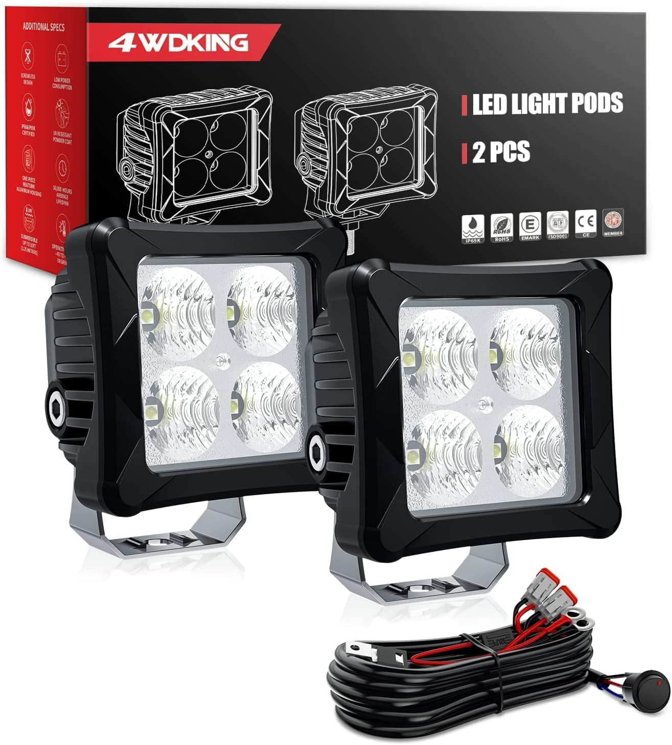 4WDKING LED Pods Flood Lights with DT Wiring Harness 3 Inch 40W LED Off ...