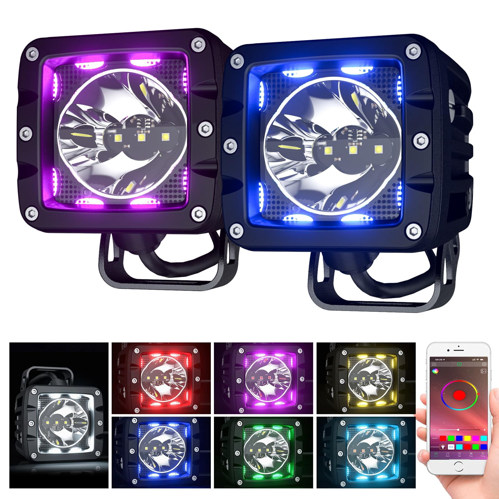4WDKING Multicolor LED Pods YPF5 Flood Work Light Bar IP69K Driving Fog ...