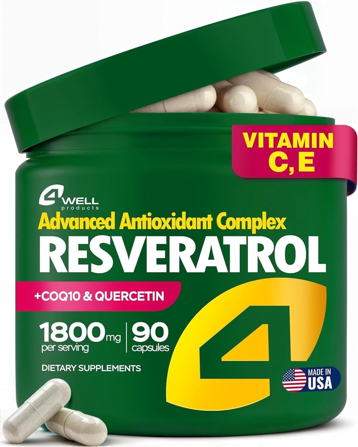 4Well Resveratrol Supplement 1800mg Complex - COQ10, Quercetin, Vitamin ...