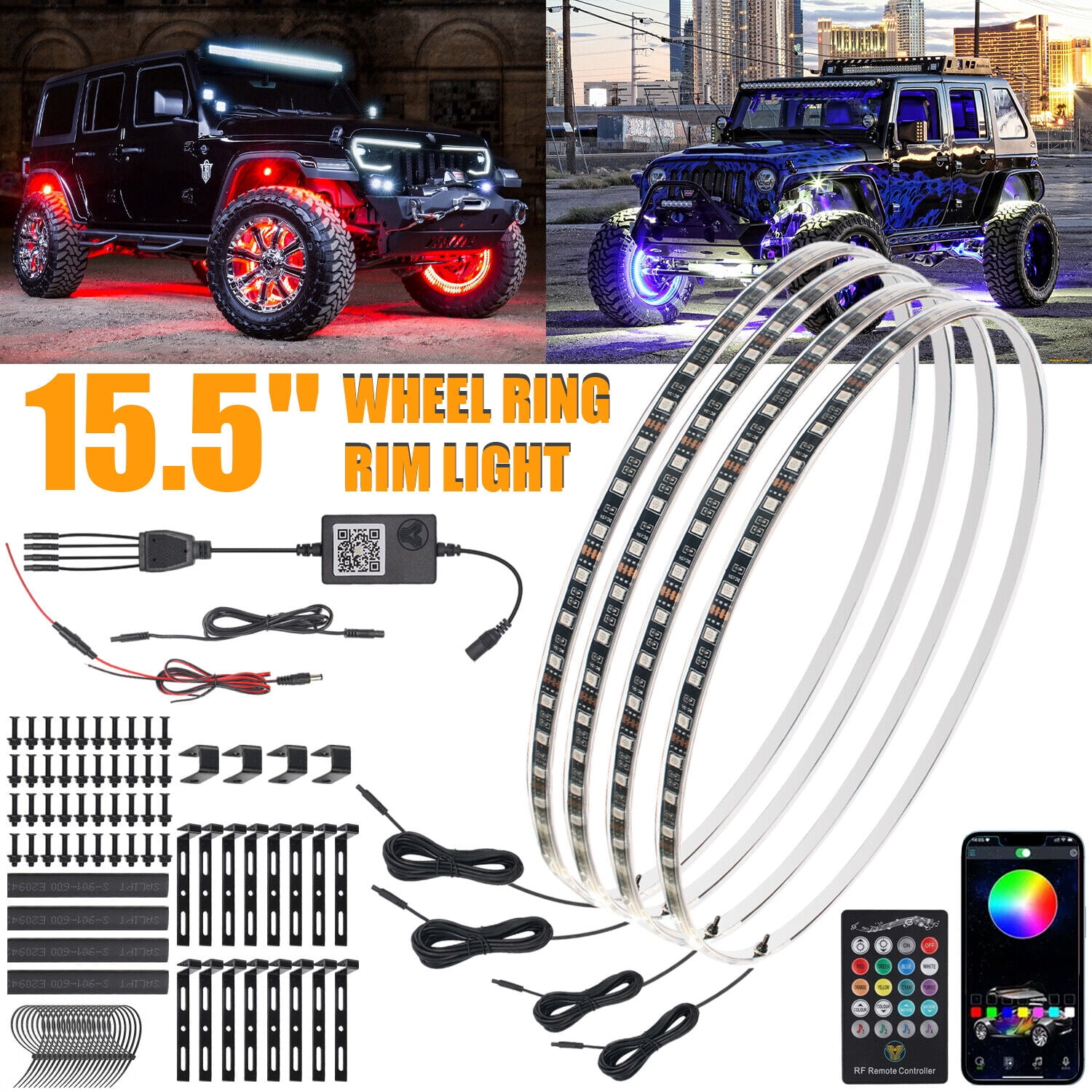 4X 15.5" LED RGB Wheel Ring Lights For Truck Car Rim Light Bluetooth ...