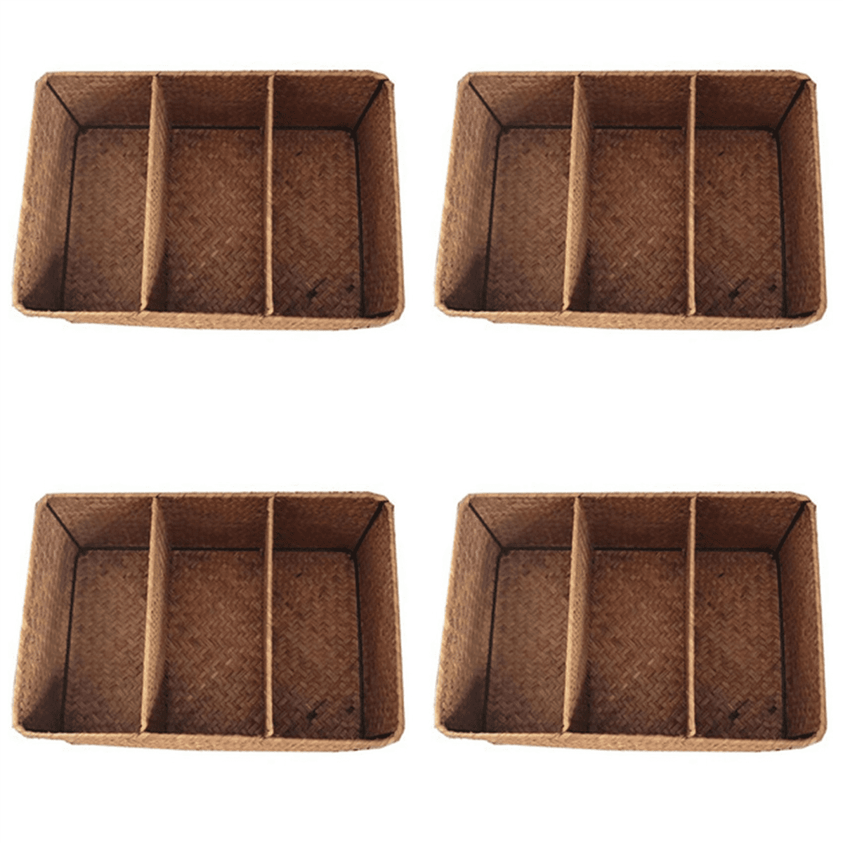 4X 3-Section Wicker Baskets for Shelves, Hand-Woven Seagrass Storage ...