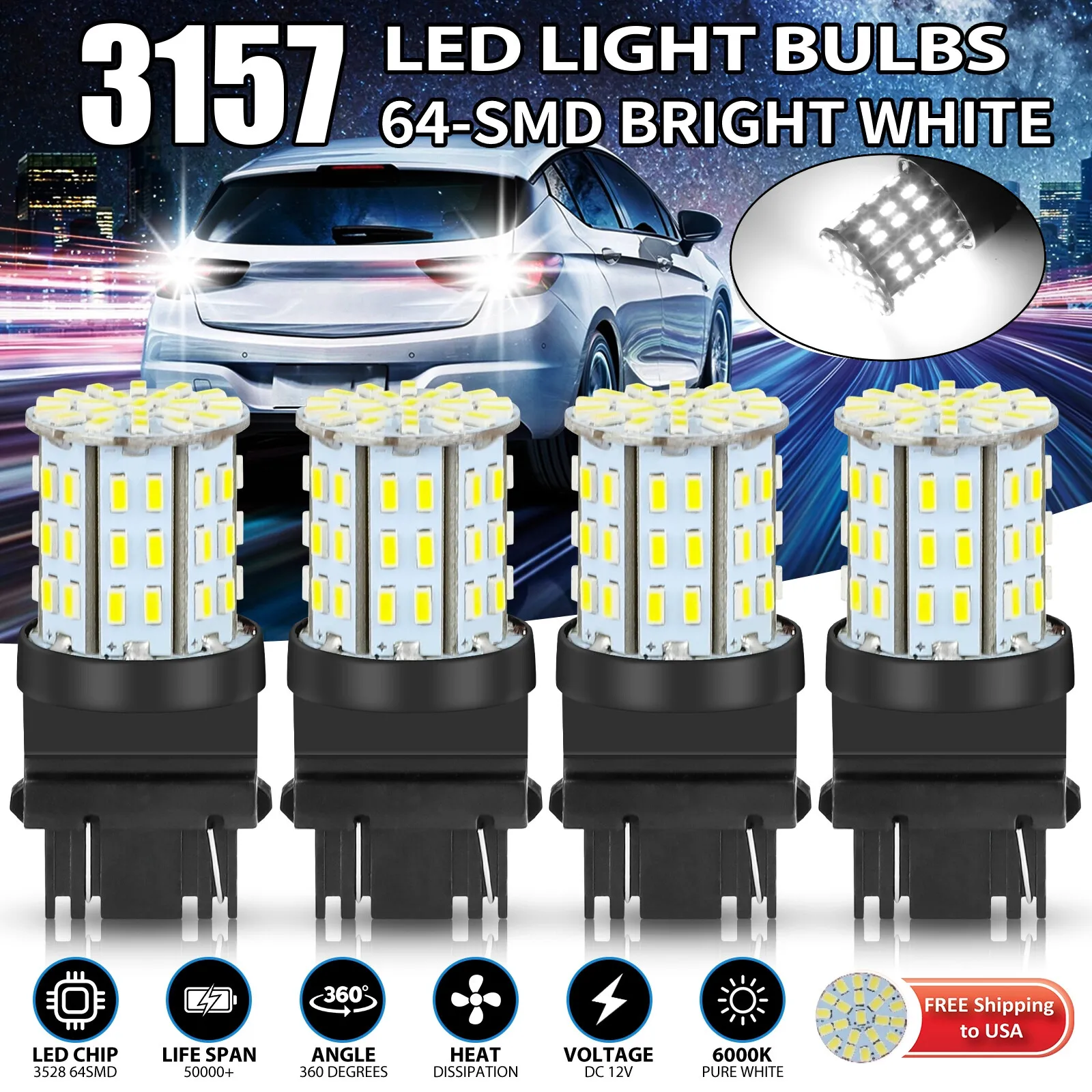 4X 3157 64SMD LED Reverse Tail Brake Stop Turn Signal DRL Light Bulb ...