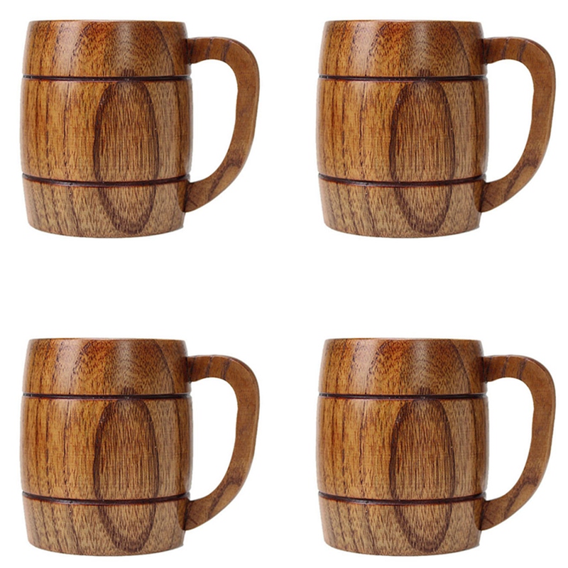 4X 400Ml Classic Style Natural Wood Cup Wooden Beer Mugs Drinking for ...