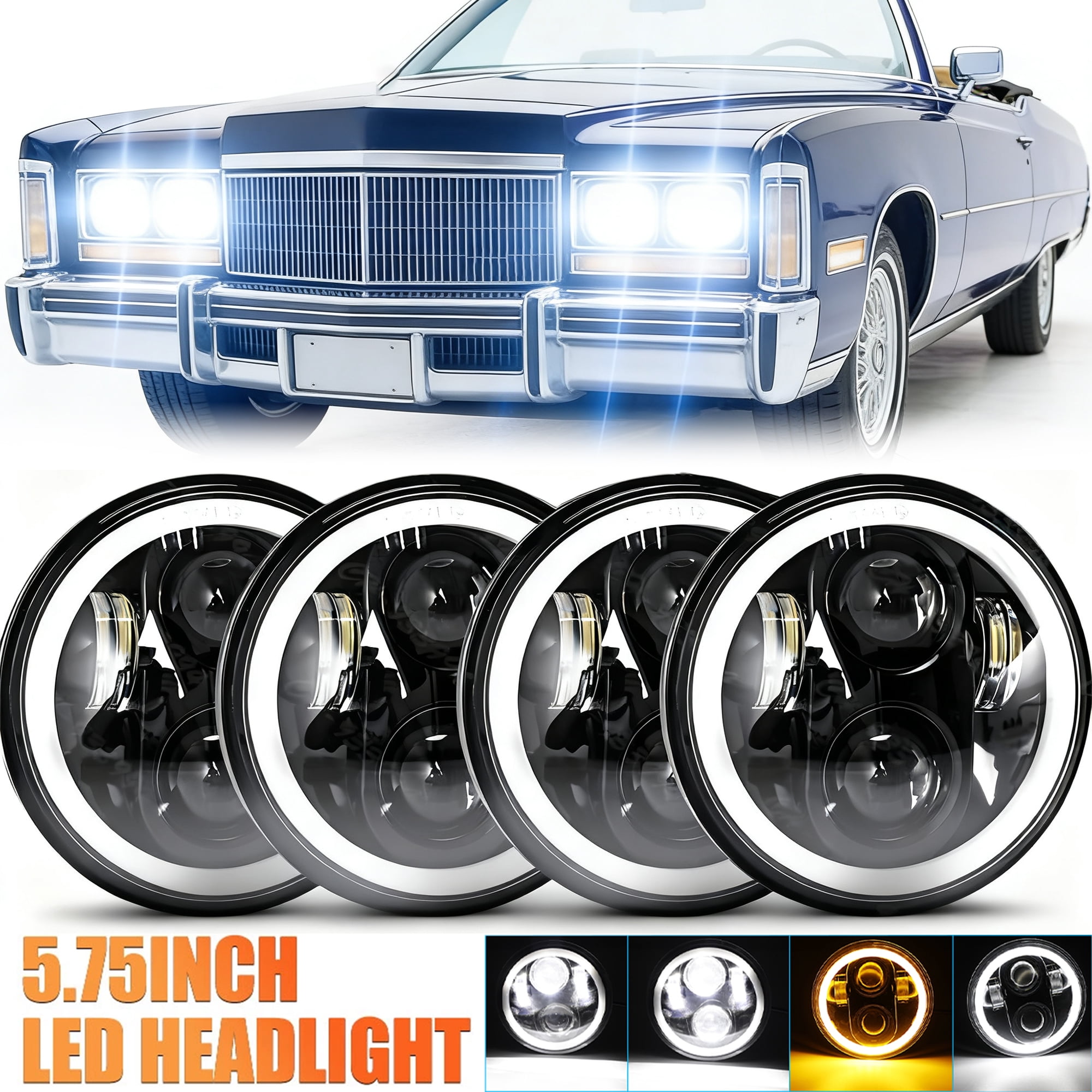 4X 5.75 5-3/4" Round LED Headlights For Cadillac DeVille 1959-1974 ...