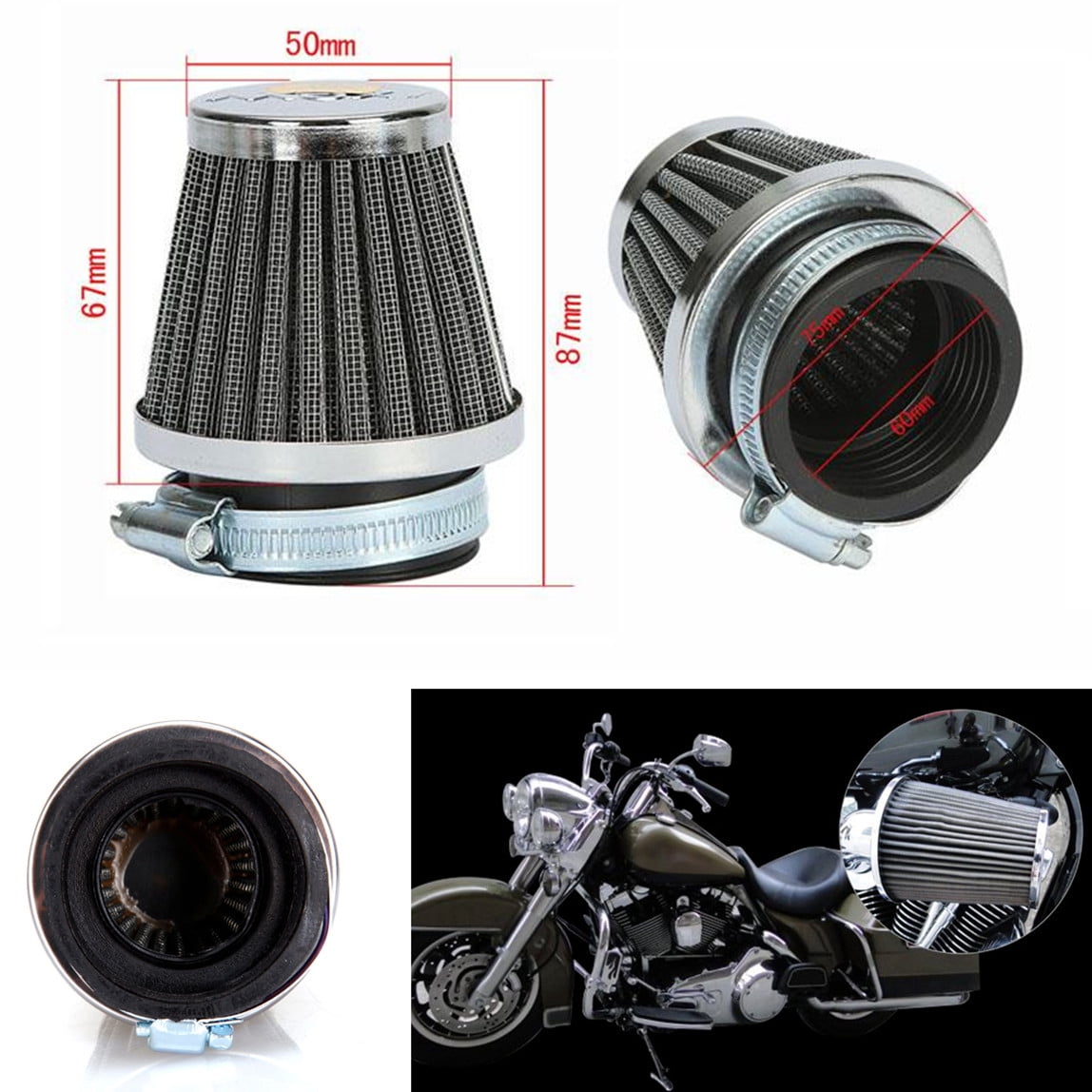 4X 60mm Inlet Tapered Motorcycle ATV Cold Air Filter Cone Pod Metal ...