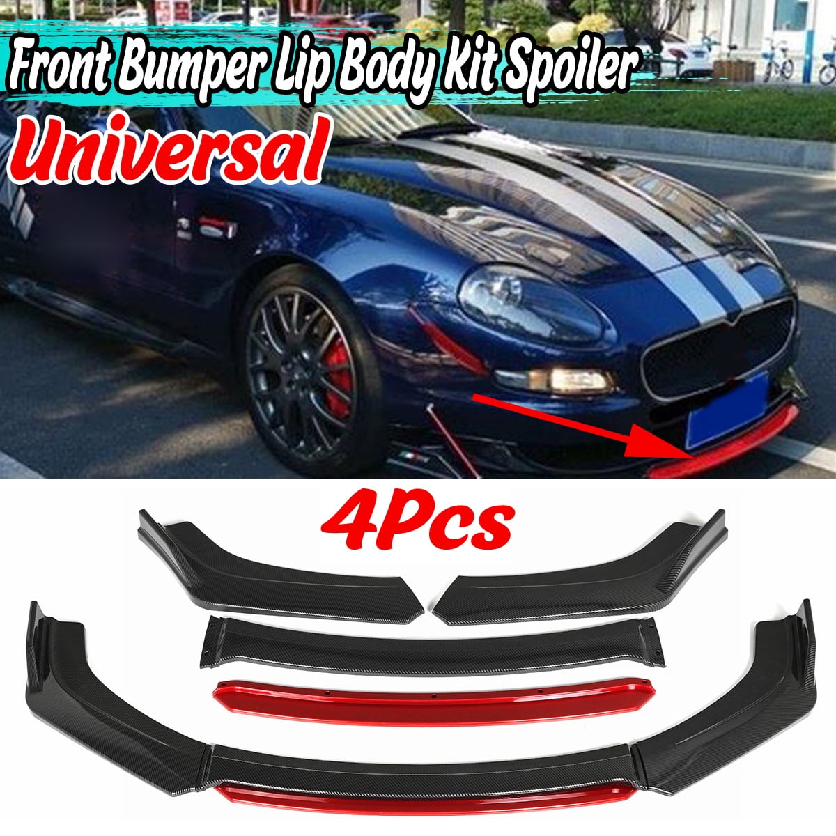 4X Carbon Black + RED Front Bumper Lip Splitter Body Kit Chin Spoiler Universal - Walmart.com