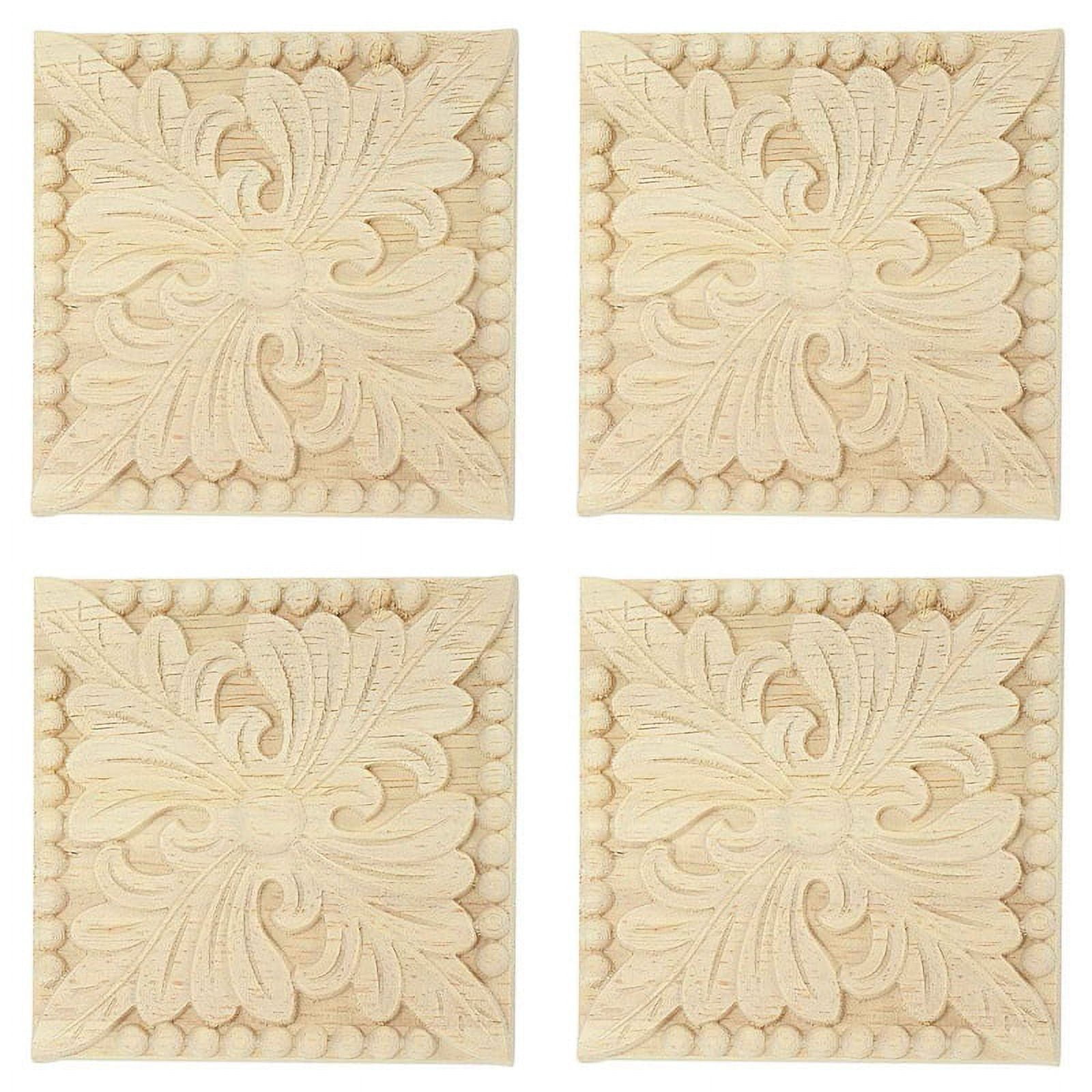 4X Natural Wood Appliques Square Flower Carving Decals Decorative ...