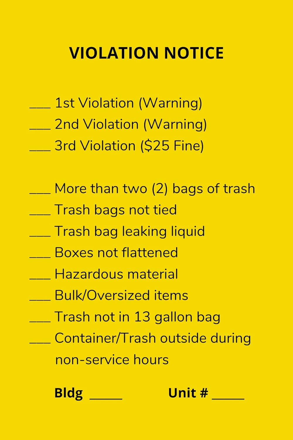 4X6 Yellow Trash Violation Notice For Apartments Condos Tenants ...