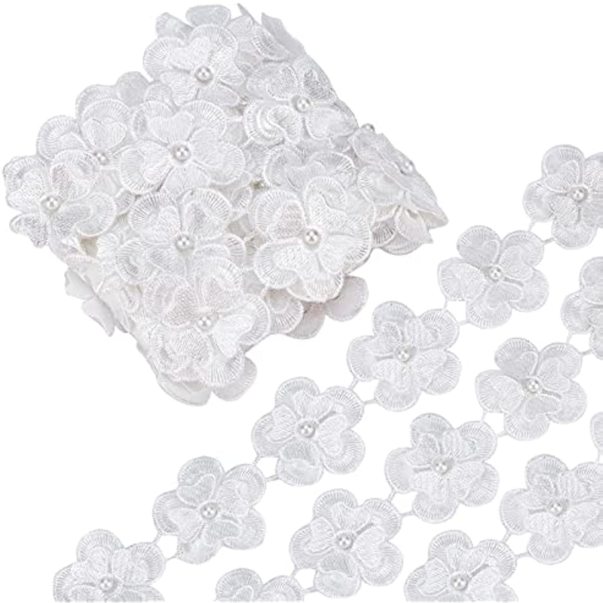 4Yard 3D Flower Lace Edge Trim Ribbon Pearl Beads Edging Trimmings ...