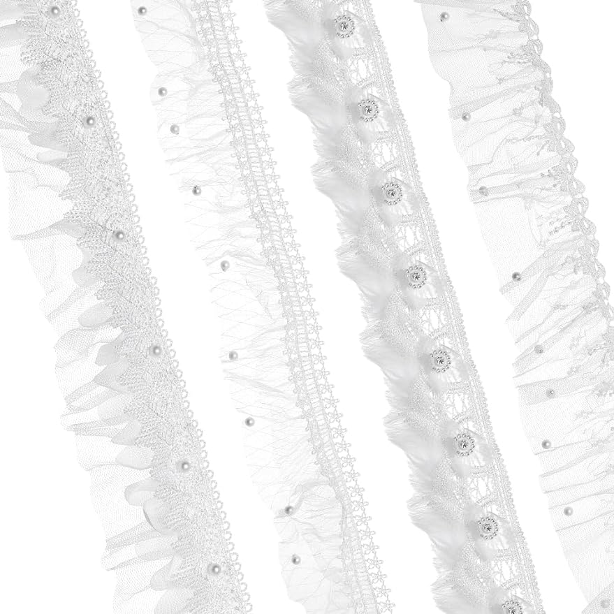 4Yards 4Styles White Ruffles Beads Lace Trim Pleated Embroidery Lace ...