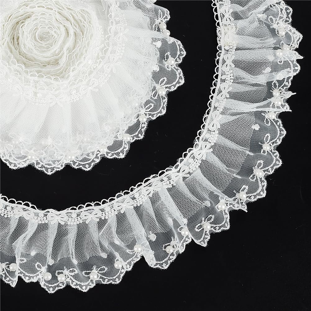 4Yards White Ruffled Lace Trim Fabric 2.36inch Wide Pleated Bowknot ...