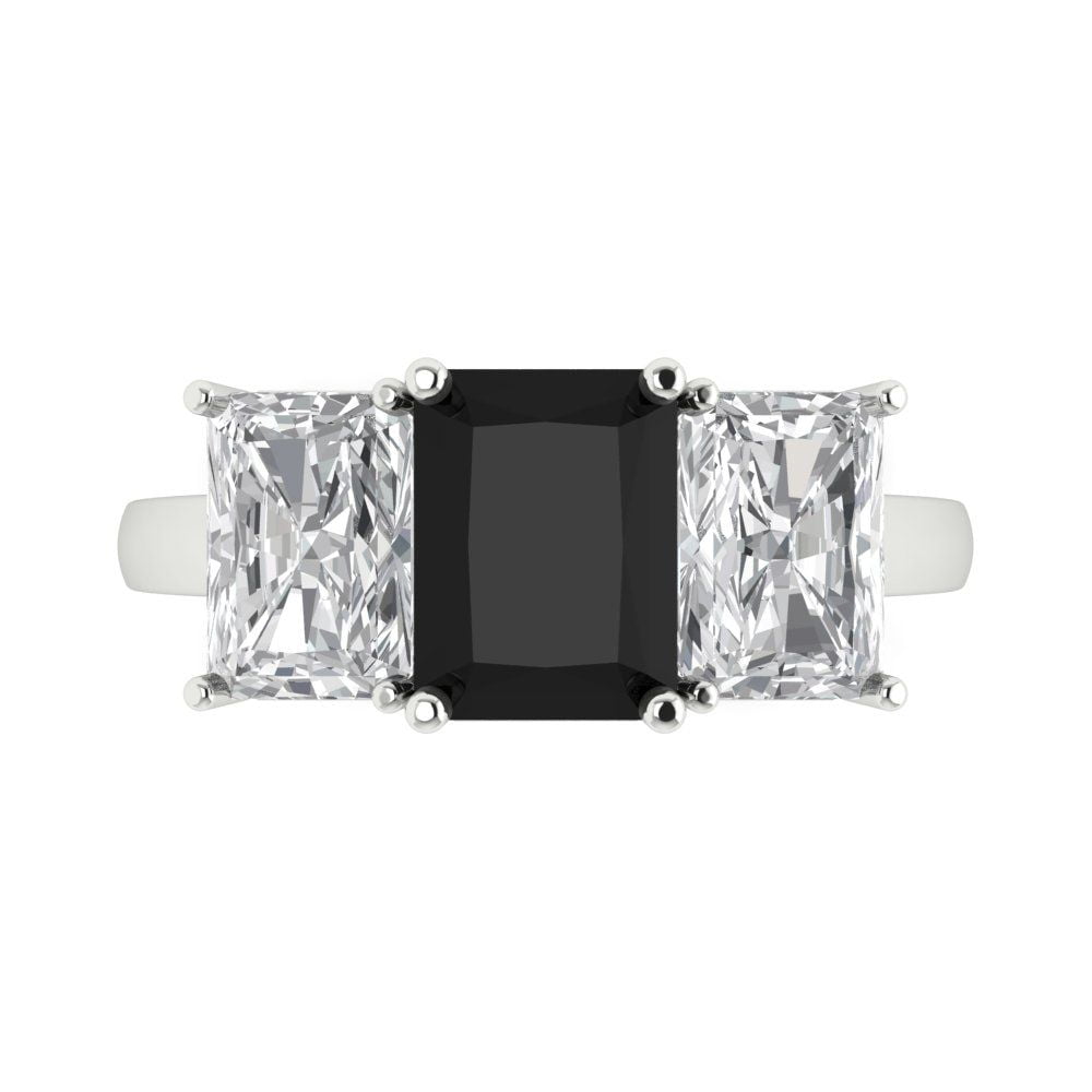 4ct Emerald Cut Black Natural Onyx 14k White Gold Engraving Statement Bridal Wedding Three-Stone ...