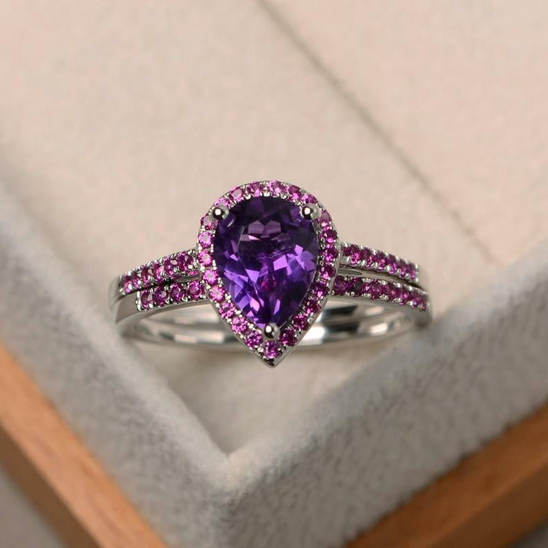 4ct Round Cut Lab Created Women's Amethyst Bridal Rind Set White Gold ...