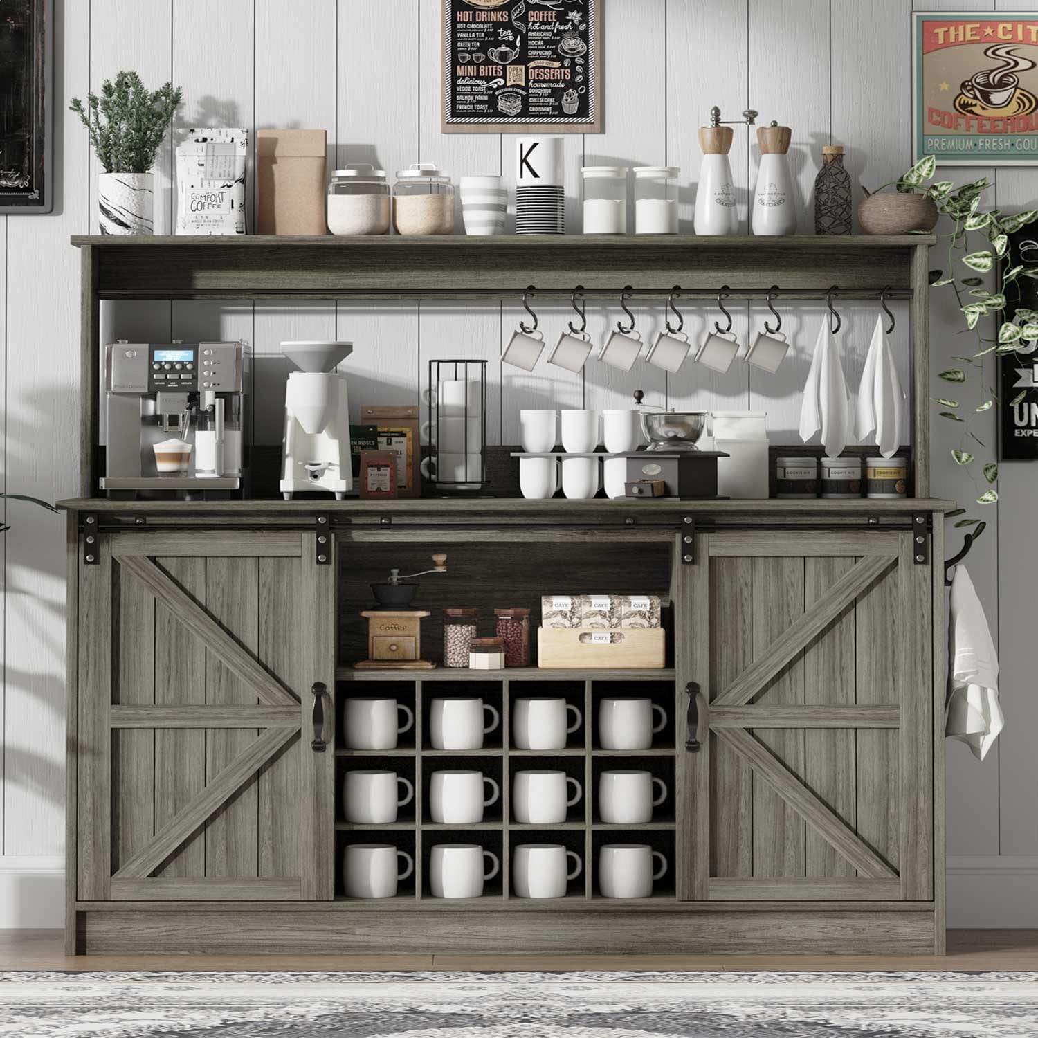 4ever2buy Farmhouse Coffee Bar Cabinet with Storage, 55 Inch Kitchen ...