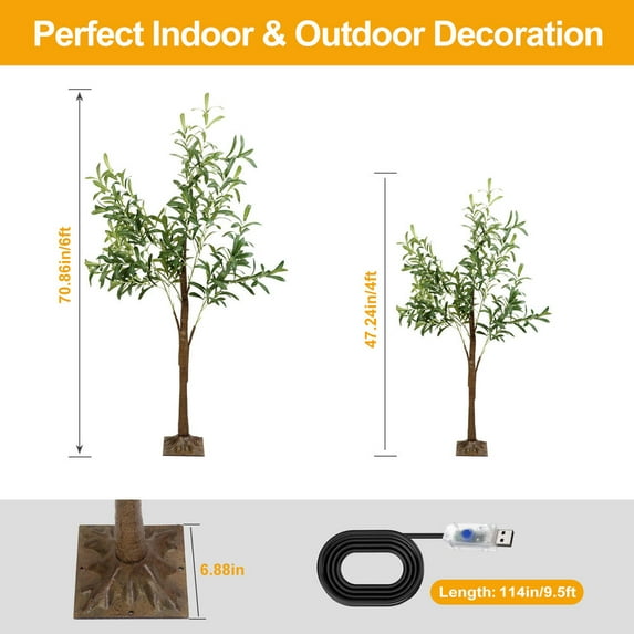 4ft/6ft Artificial Greenery Tree LED Beads Lighted Olive Tree+Warm ...