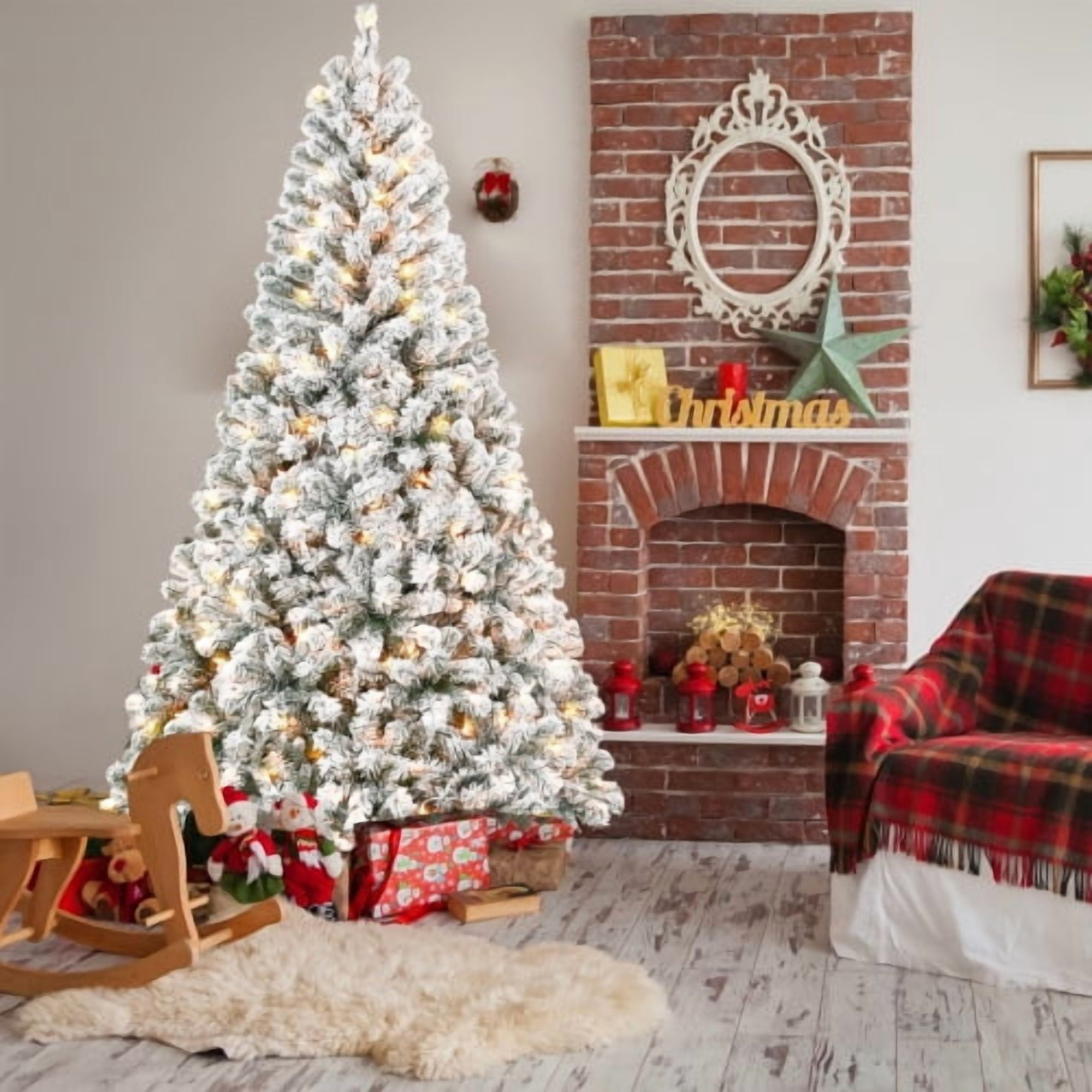 4ft-7ft Pre-Lit Flocked Christmas Tree, Multi-Size Snow-Covered ...