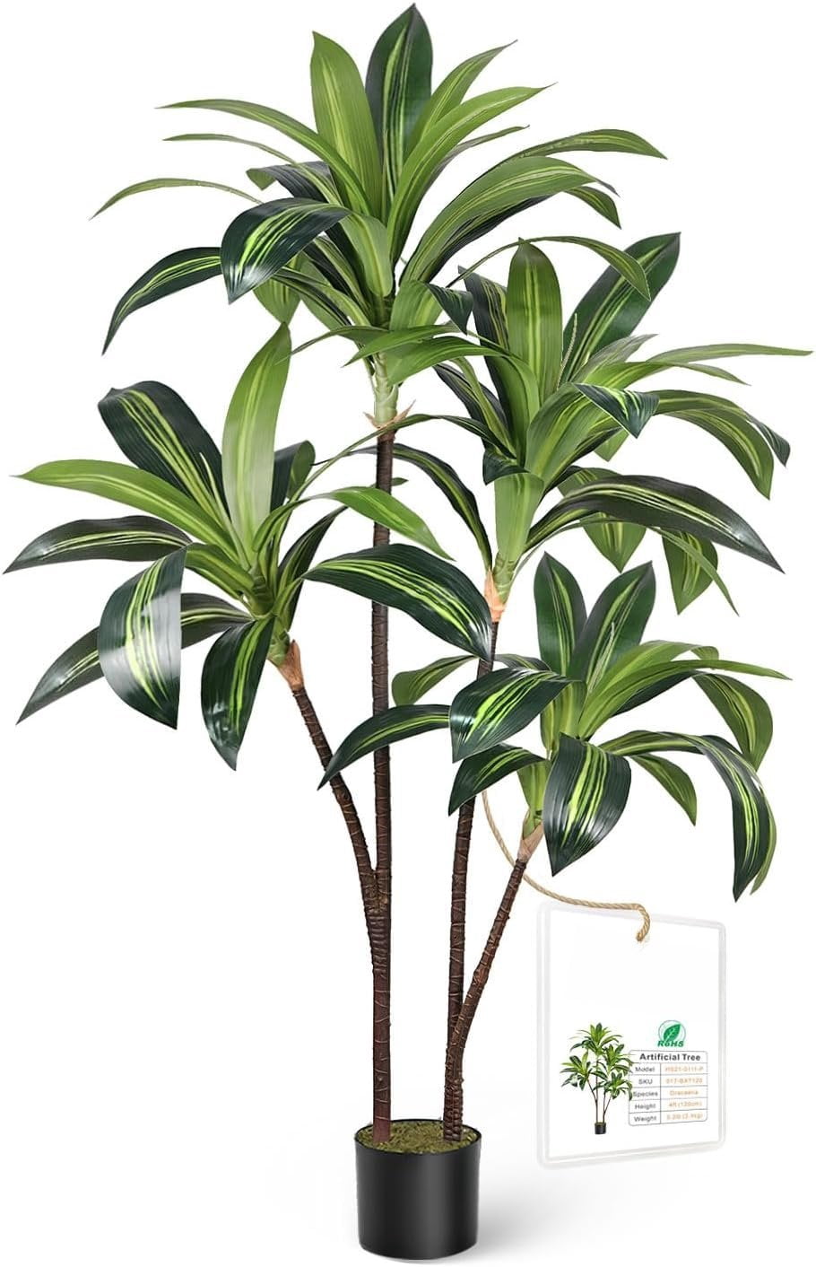 4ft Artificial Dracaena Tree for Decor, 4 Real Touch Large Faux Silk ...