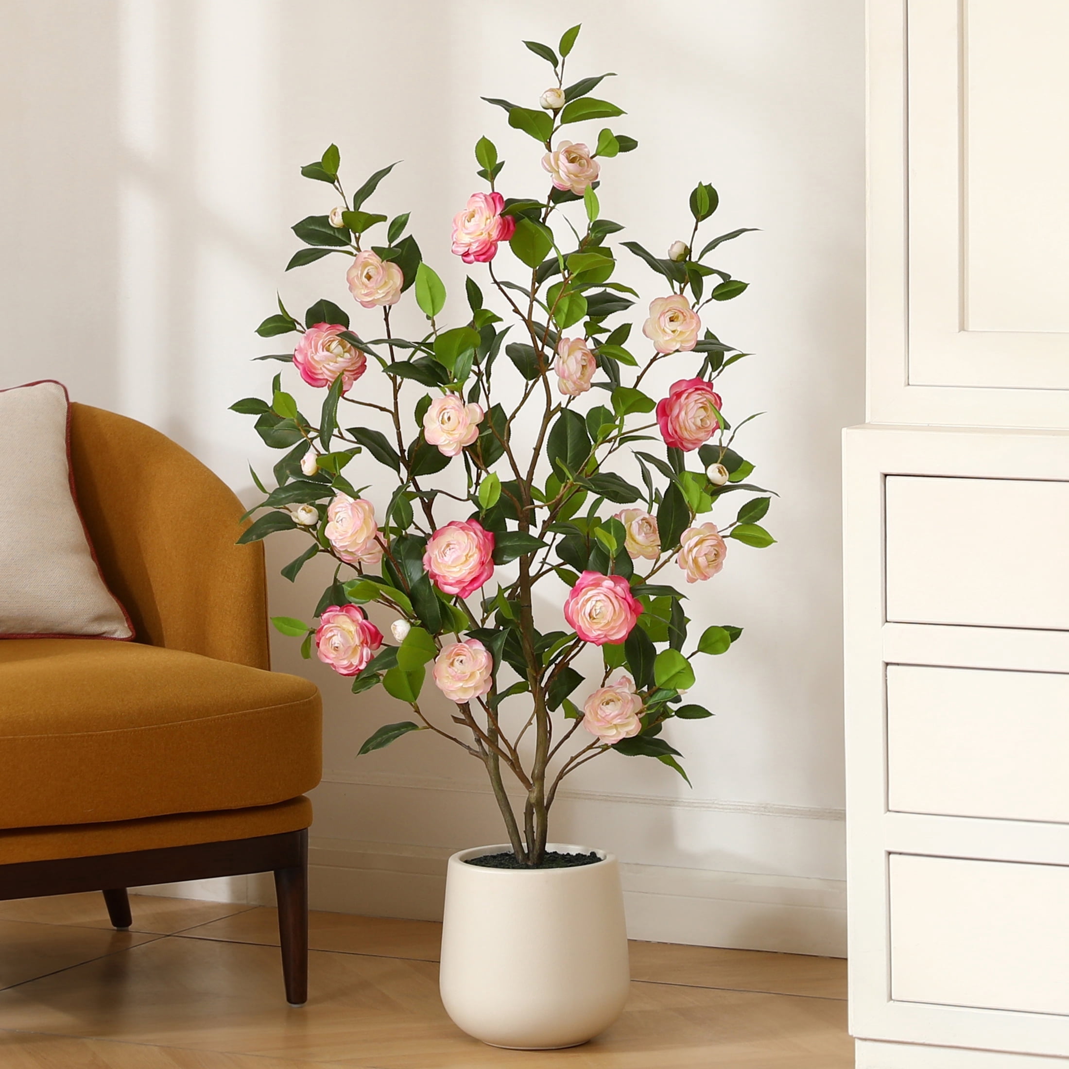 4ft Artificial Pink Camellia Tree with 9 inch White Planter, Tall Fake ...