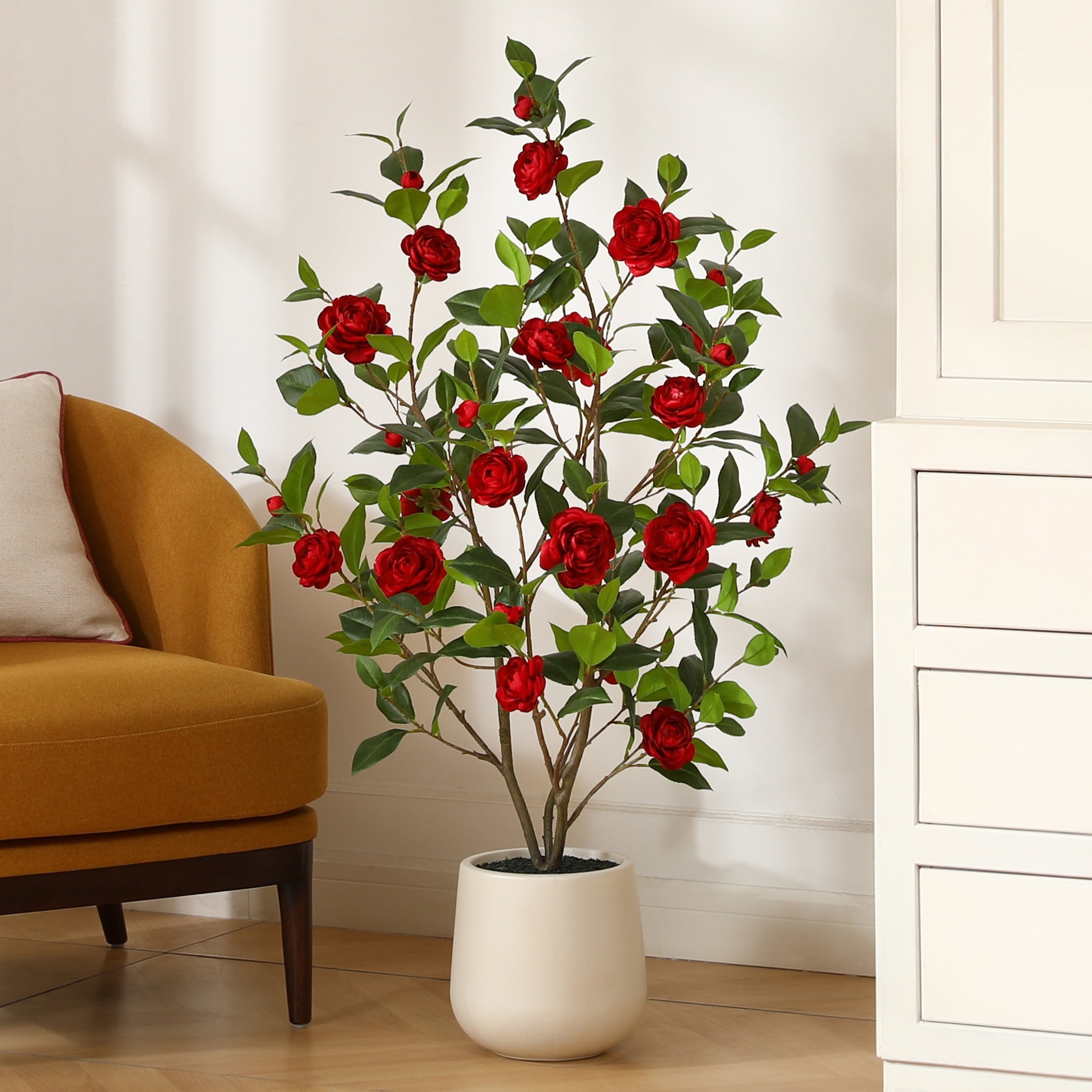 4ft Artificial Red Camellia Tree with 9 inch White Planter, Tall Fake ...