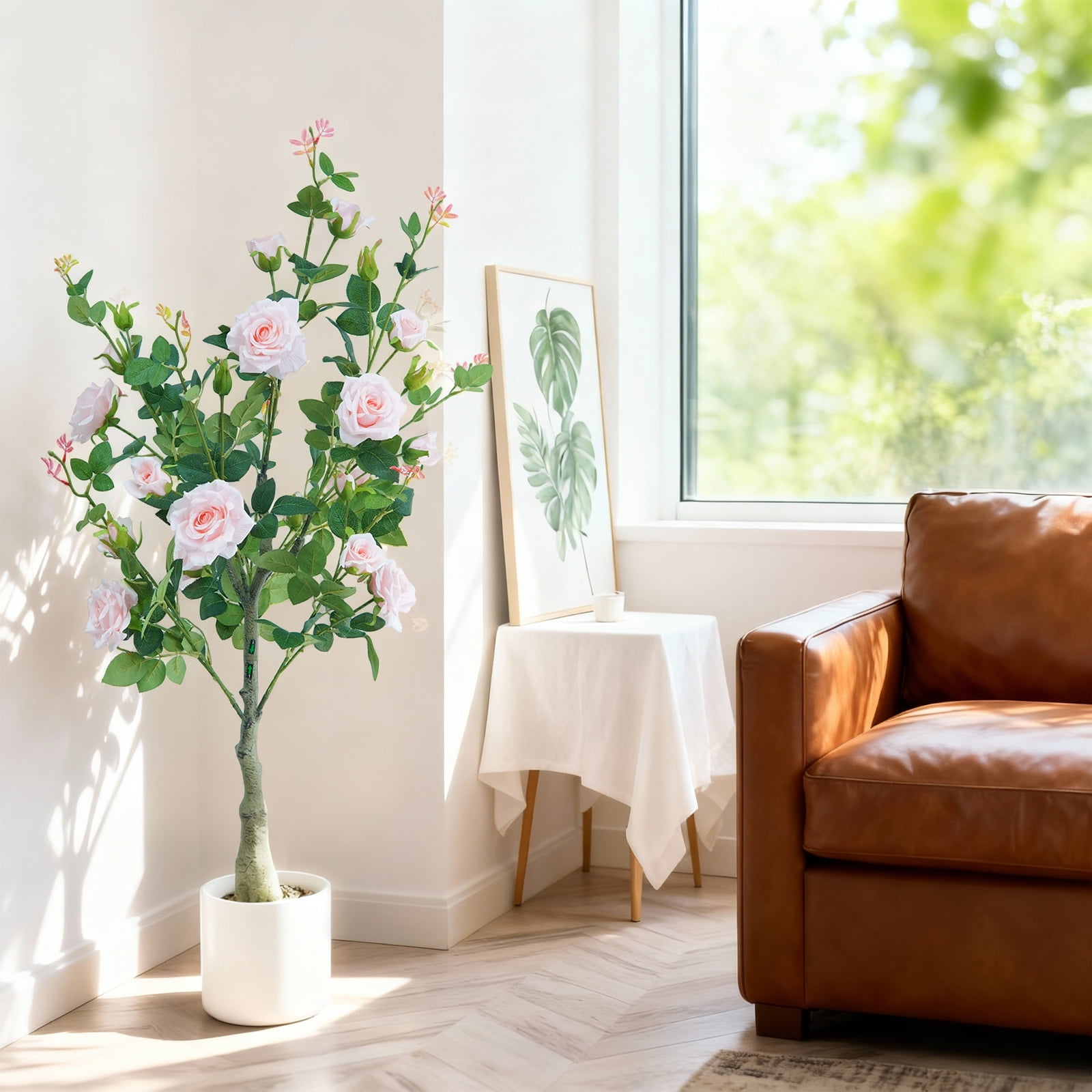4ft Artificial Rose Tree, White Faux Rose Plant in Pot for Home Office ...