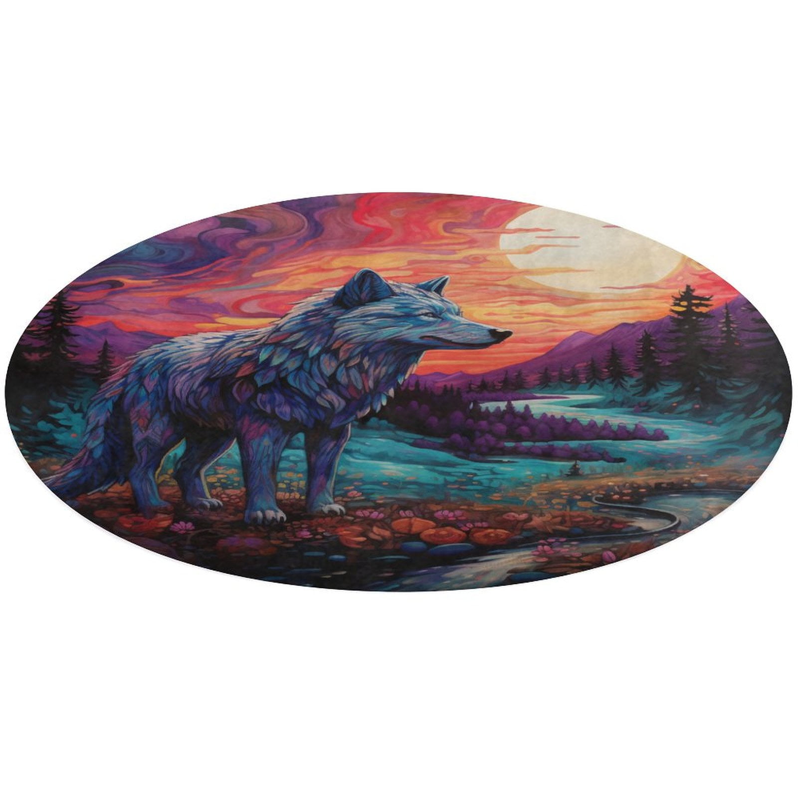 4ft Colorful Lone Wolf Circular Floor Mat, Kitchen Shower Floor Mat ...
