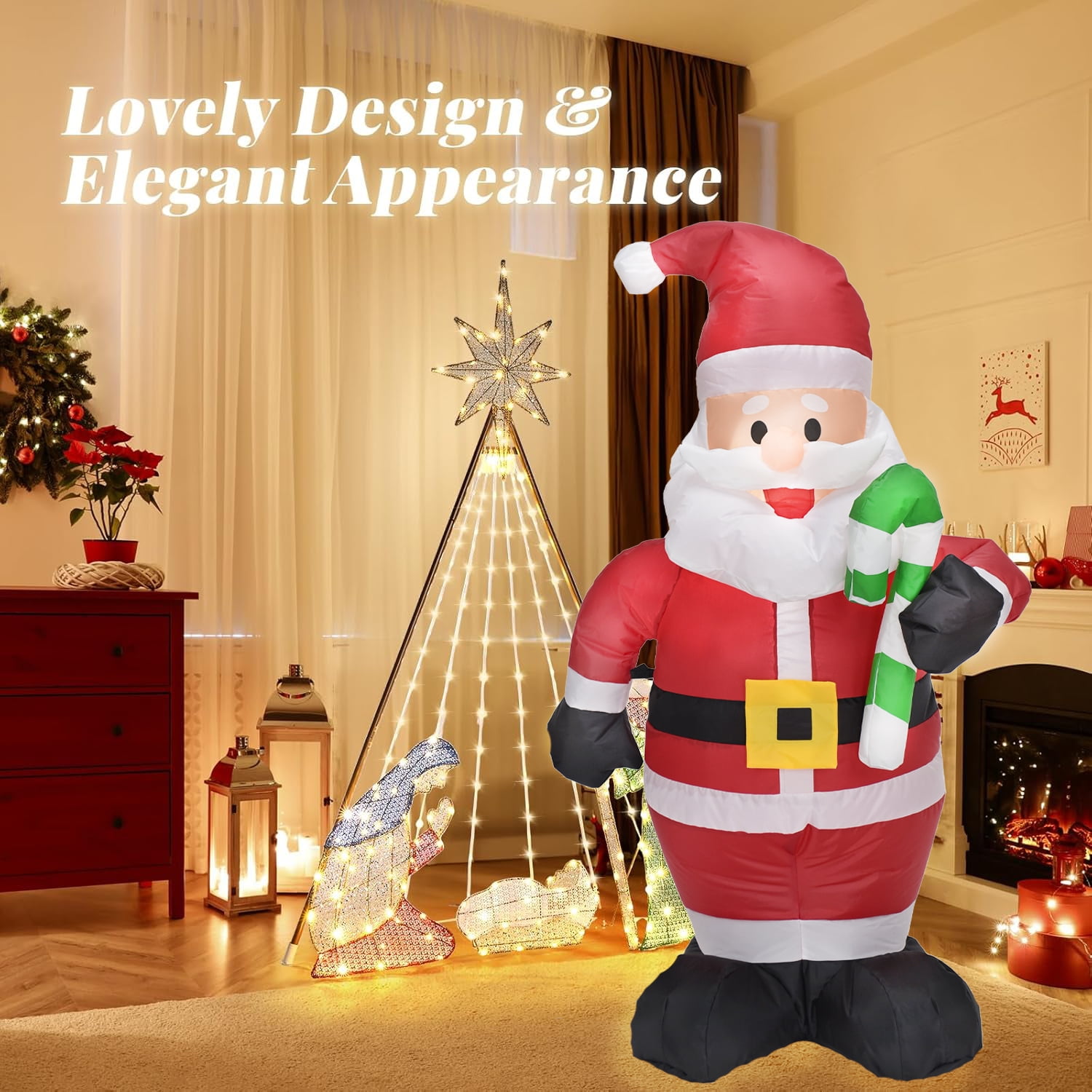4ft Cute Christmas Inflatable Santa Claus Holds Candy Cane Lighted ...
