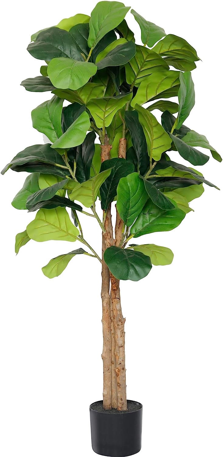 4ft Fiddle Leaf Fig Tree Artificial, Faux Fig Tree w/ 75 Leaves & 3 ...
