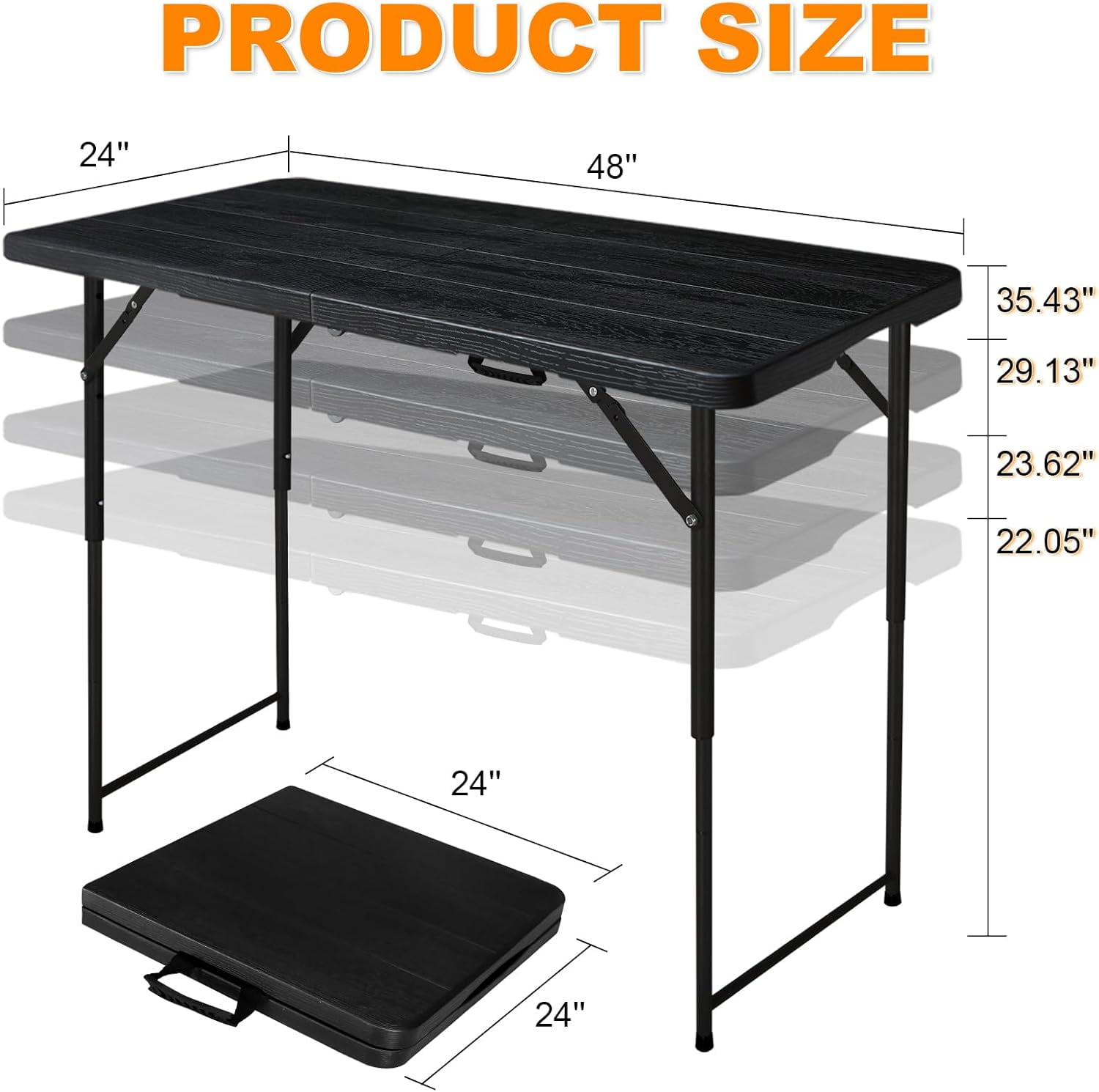 4ft Folding Table, Portable Fold-in-Half Adjustable Height Utility ...