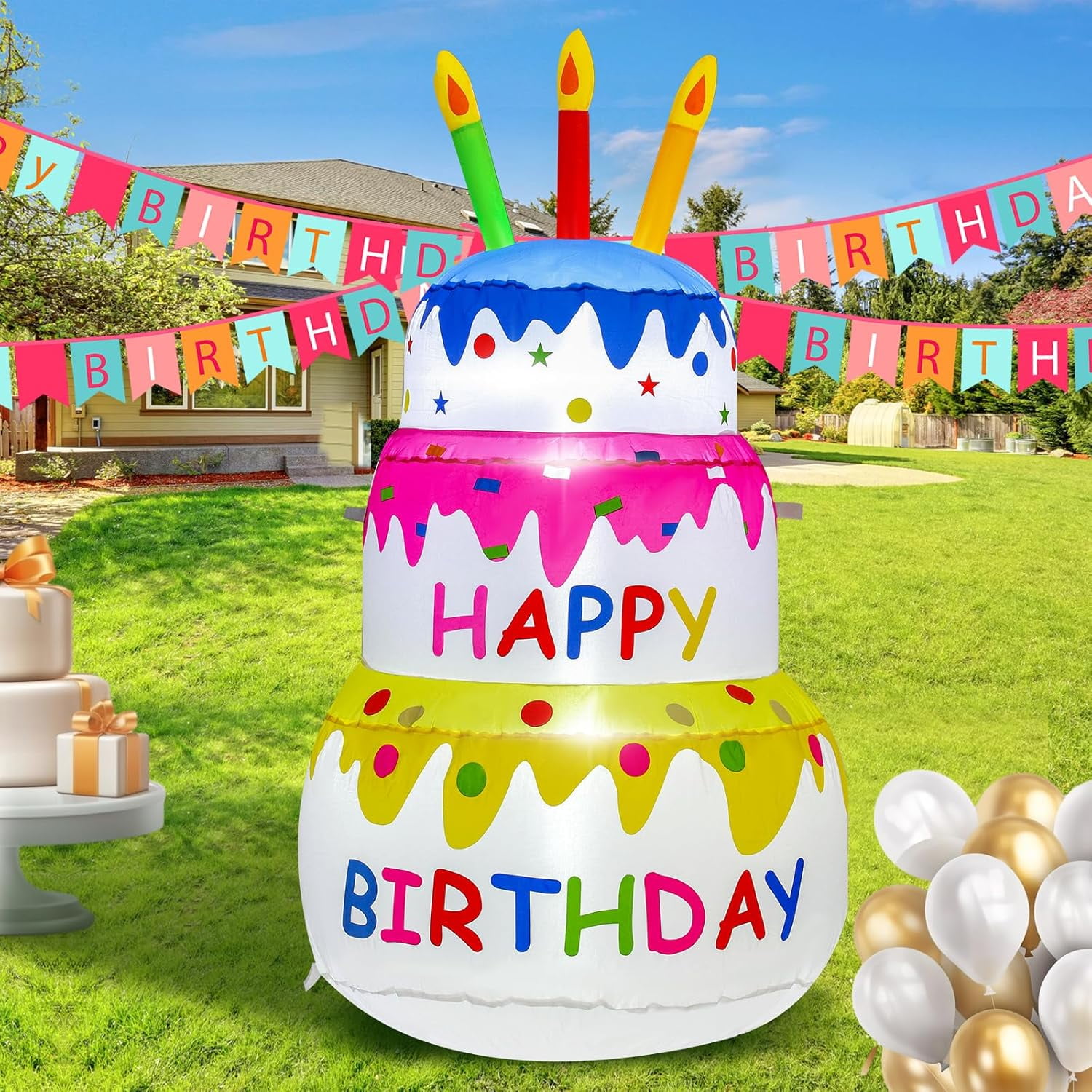 4ft Inflatable Happy Birthday Inflatable Cake with Candles, Built-in ...