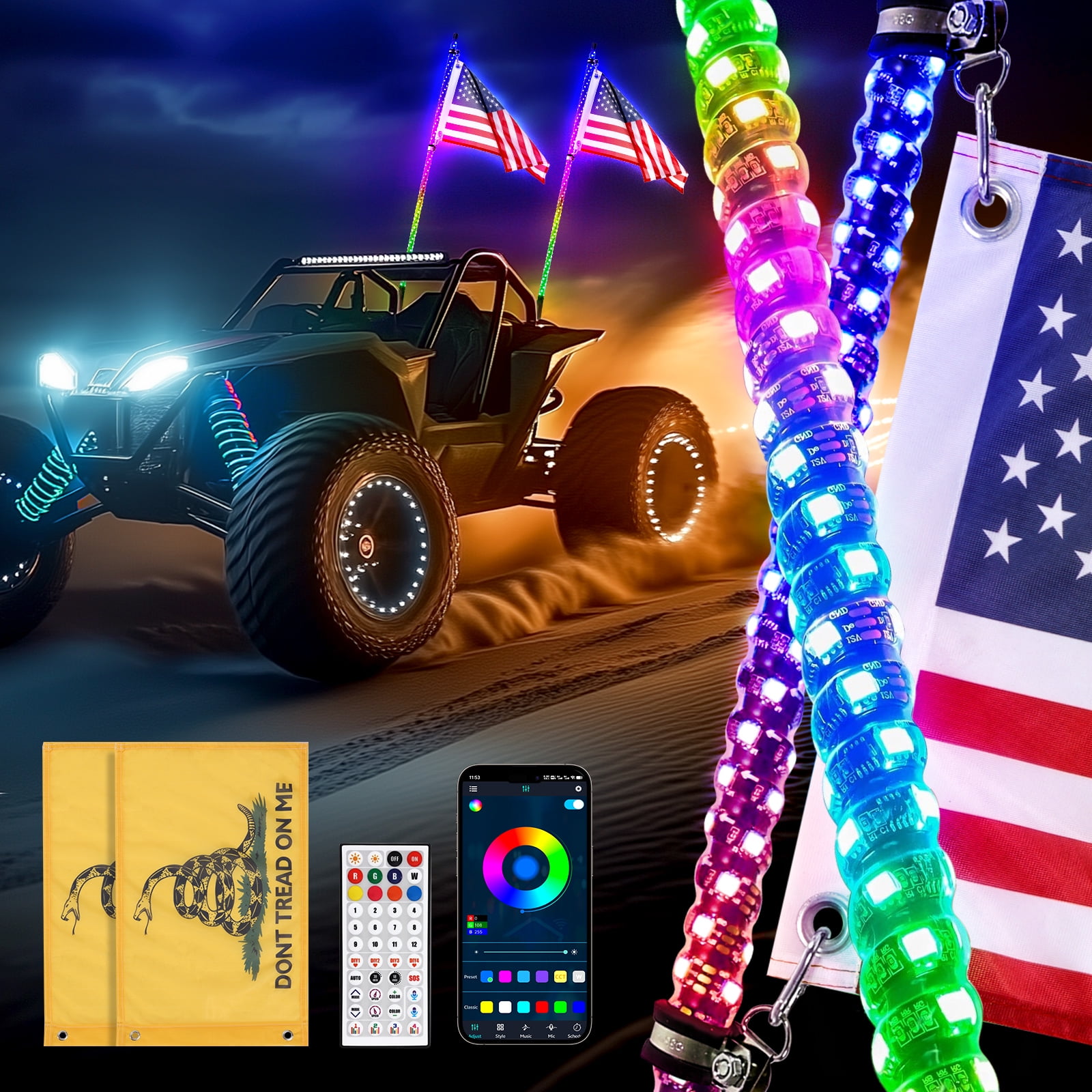 4ft Led Whip Lights, Bluetooth App Control RGB Lighting + US Flag ...