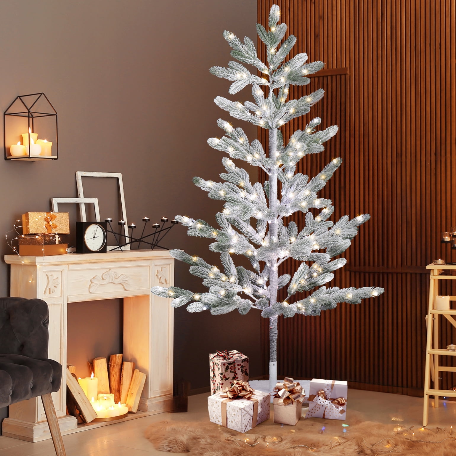 4ft Lighted Artificial Pine Tree, Flocked Christmas Tree with 325 Warm ...