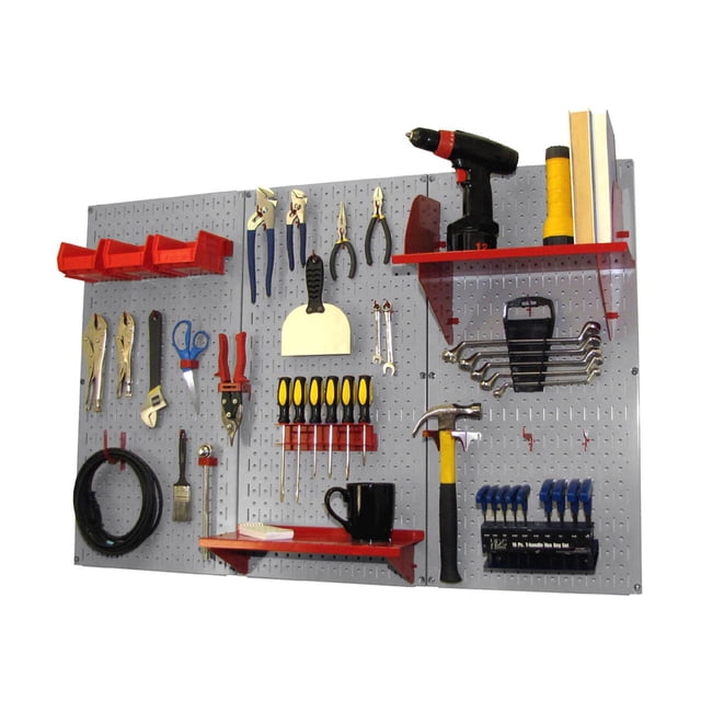 4ft Metal Pegboard Standard Tool Storage Kit - Gray Toolboard & Red ...