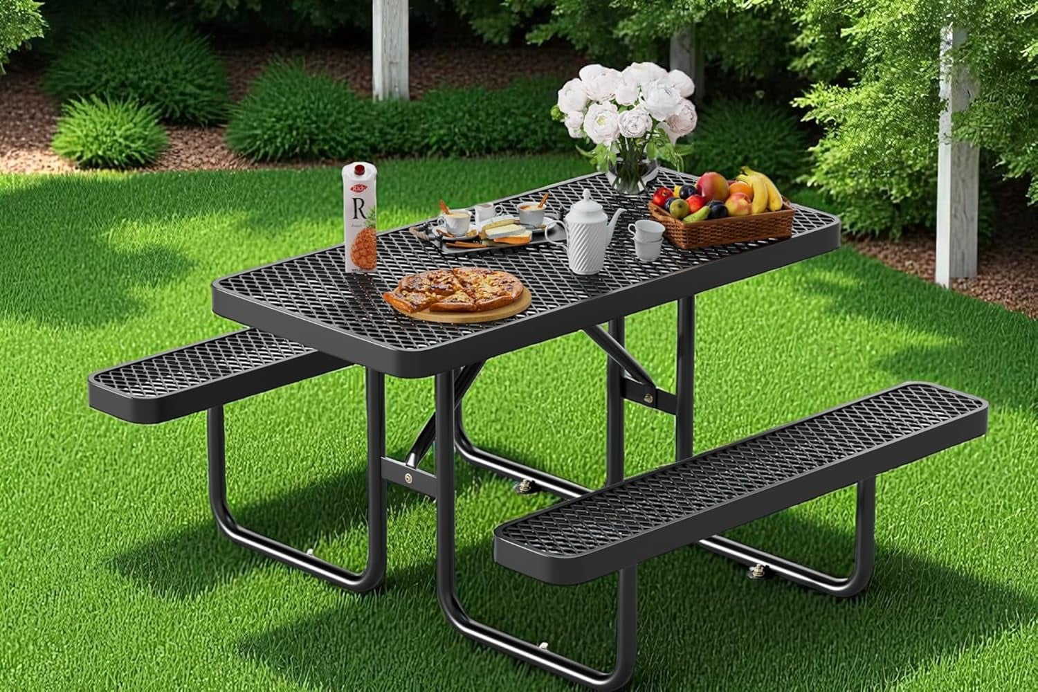 4ft Outdoor Picnic Table and Bench Set, Sturdy Steel Frame Rectangular ...