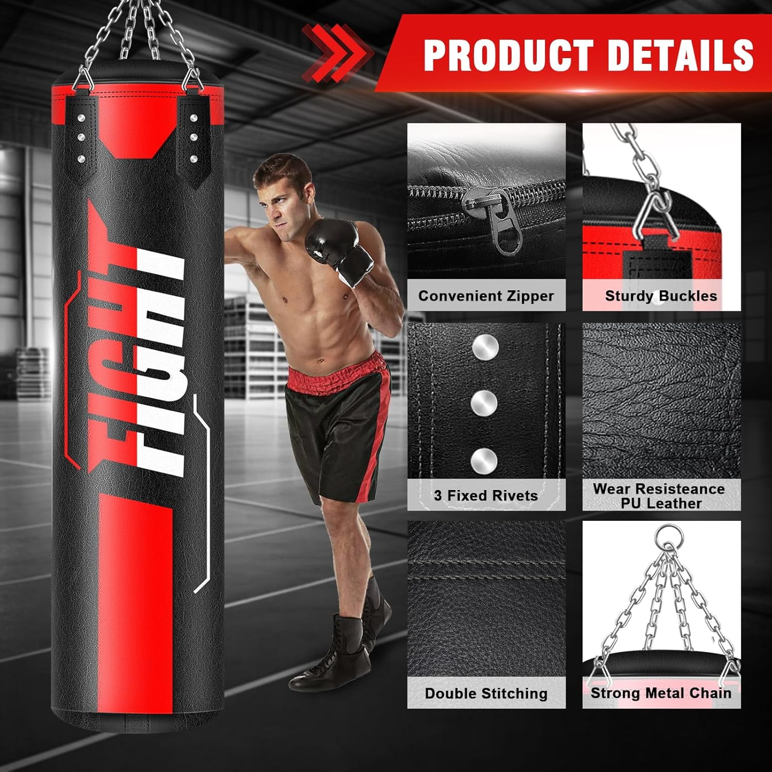 4ft PU Leather Heavy Punching Bag Set for Adults, Includes Boxing ...